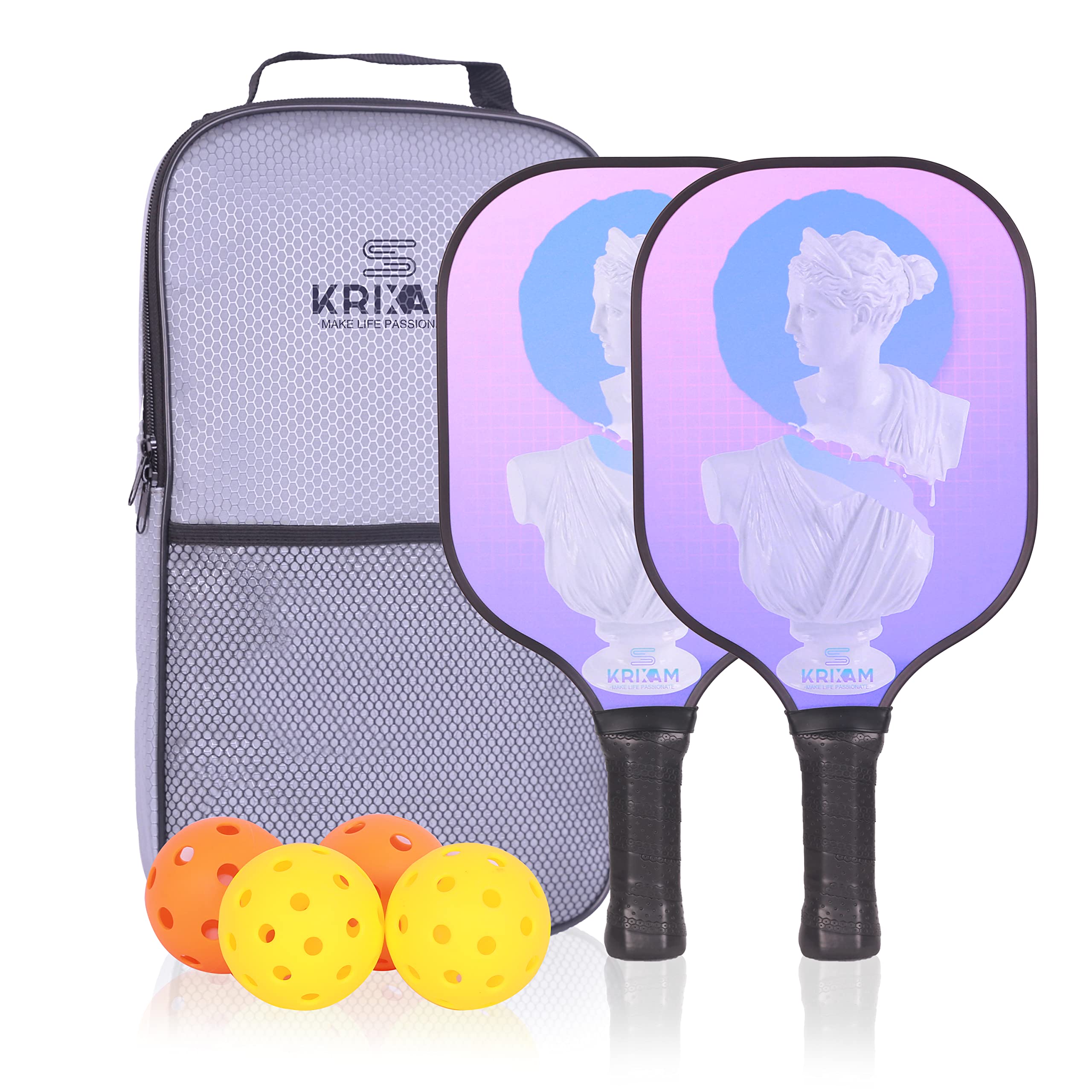 KRIXAM Pickleball Paddles Lightweight Graphite Carbon Fiber, Set of 2 with 1 Bag and 4 Pickle Balls