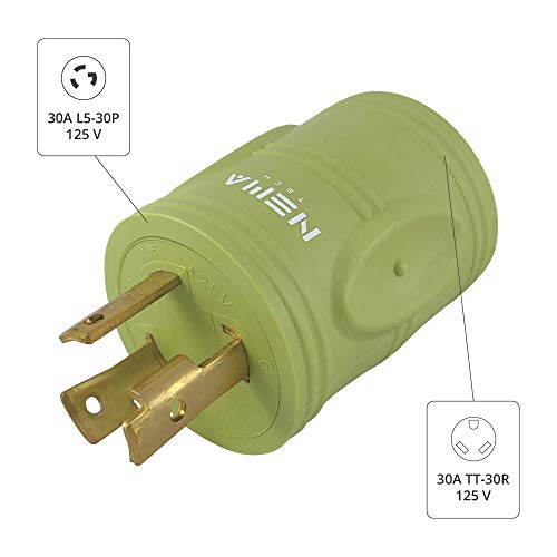 NemaTech NEMA 3-Prong Generator to 30Amp RV Adapter, L5-30P Male to TT-30R Female 30A/30A Compact Locking Generator Converter