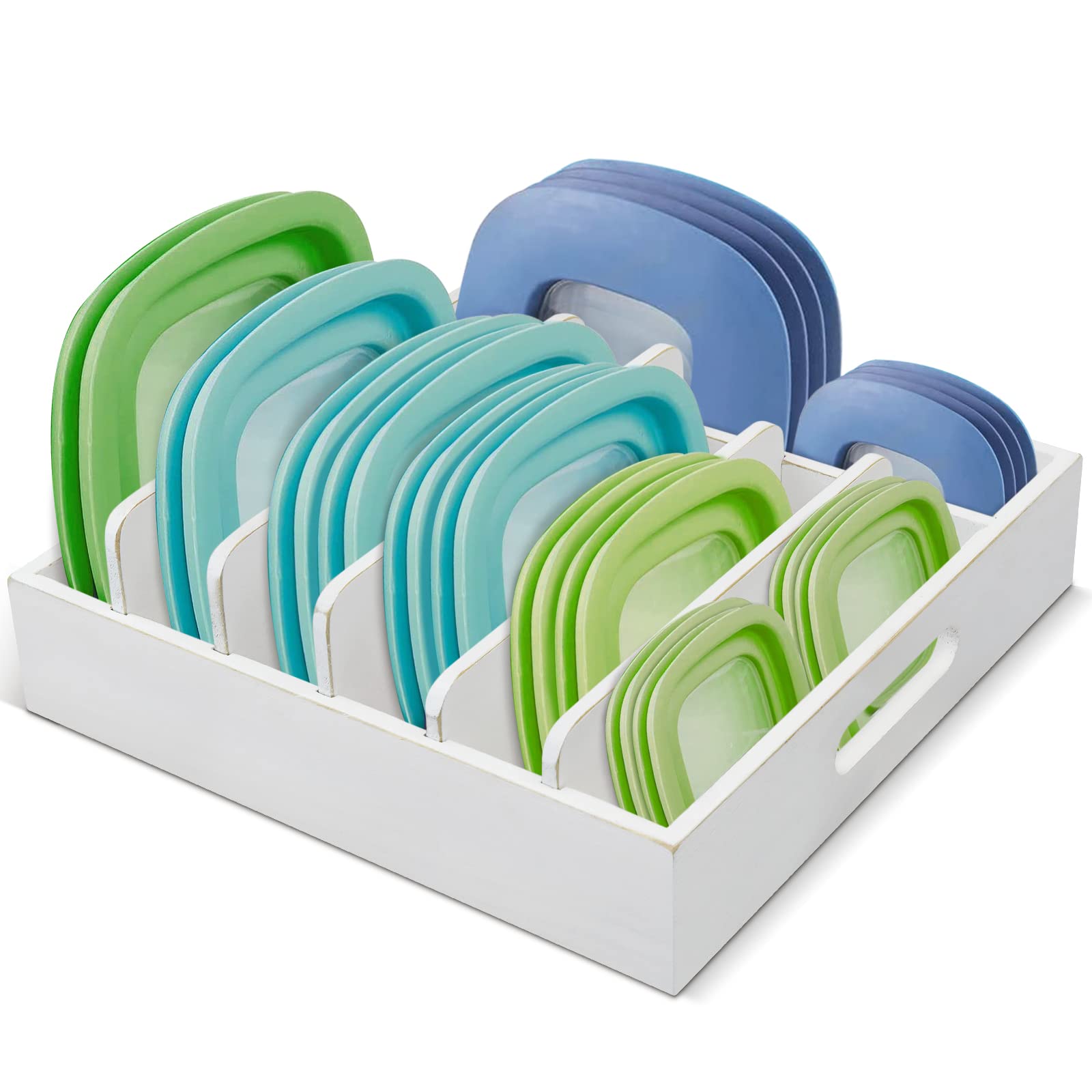 Lid Organizer for Plastic Lids, Food Containers Lid Organizer for Cabinet, Large Capacity Lid Holder Includes 5 Adjustable Dividers and 1 Big Divider, Wood Kitchen Cabinet Lid Organizers for Drawer