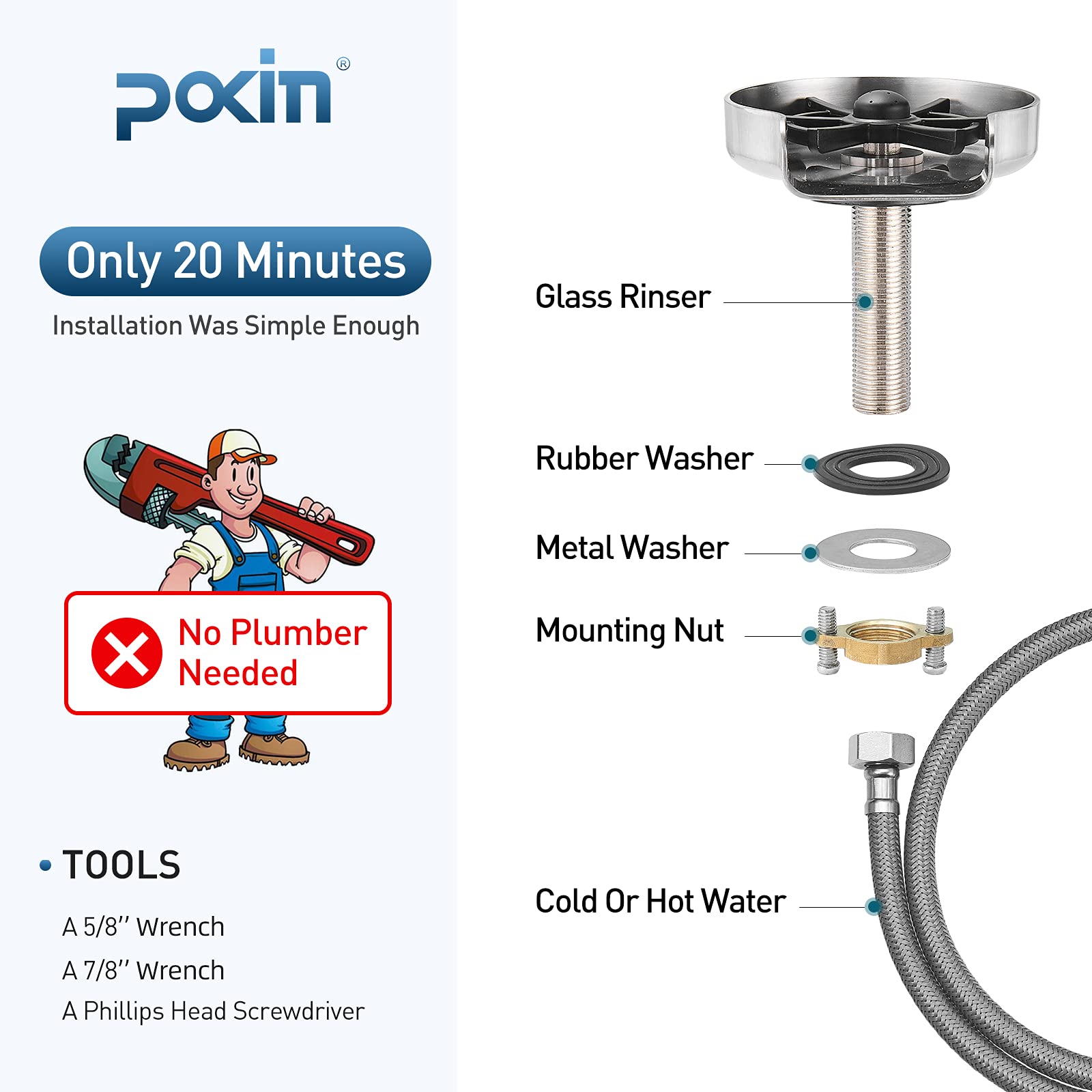 POKIM Glass Rinser for Kitchen Sink Stainless Steel Bottle Washer for Bar Sink Brushed Nickel High Pressure Rinse Cup Cleaner Accessories Solid 304 SUS Mode Replacement