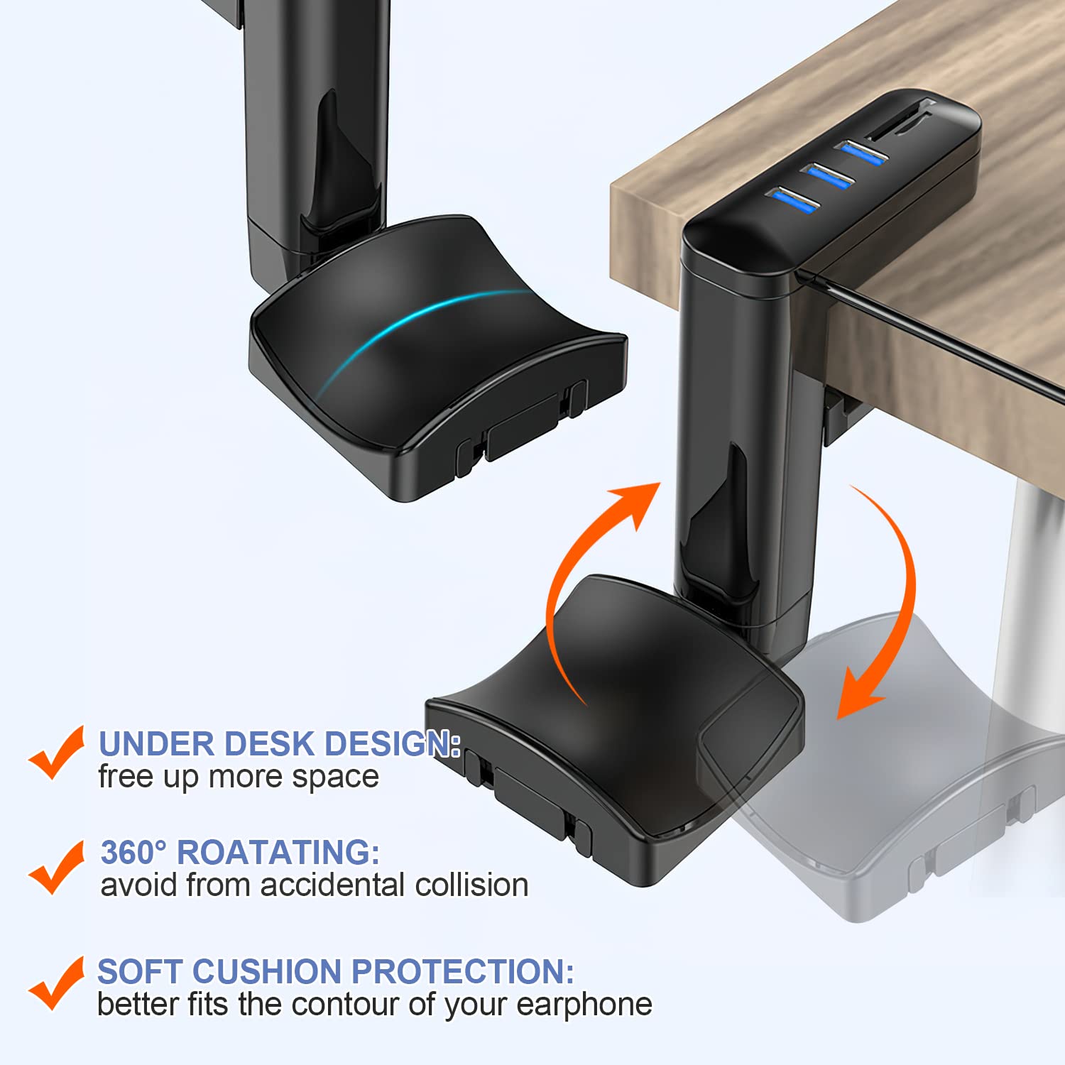 Mystery Headset Holder with Hub - Multi-Function Headphone Hanger Hook with USB Hub & Memory Card Readers -Under Desk Headphone Stand Mount for Office, Computer File Transfer, PC Accessories