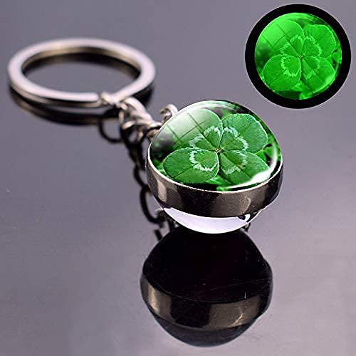 Lucky Clover Keychain Four Leaf Clover Glass Ball Double Side Pendant Metal Keyring Lucky Jewelry Gift, Green
