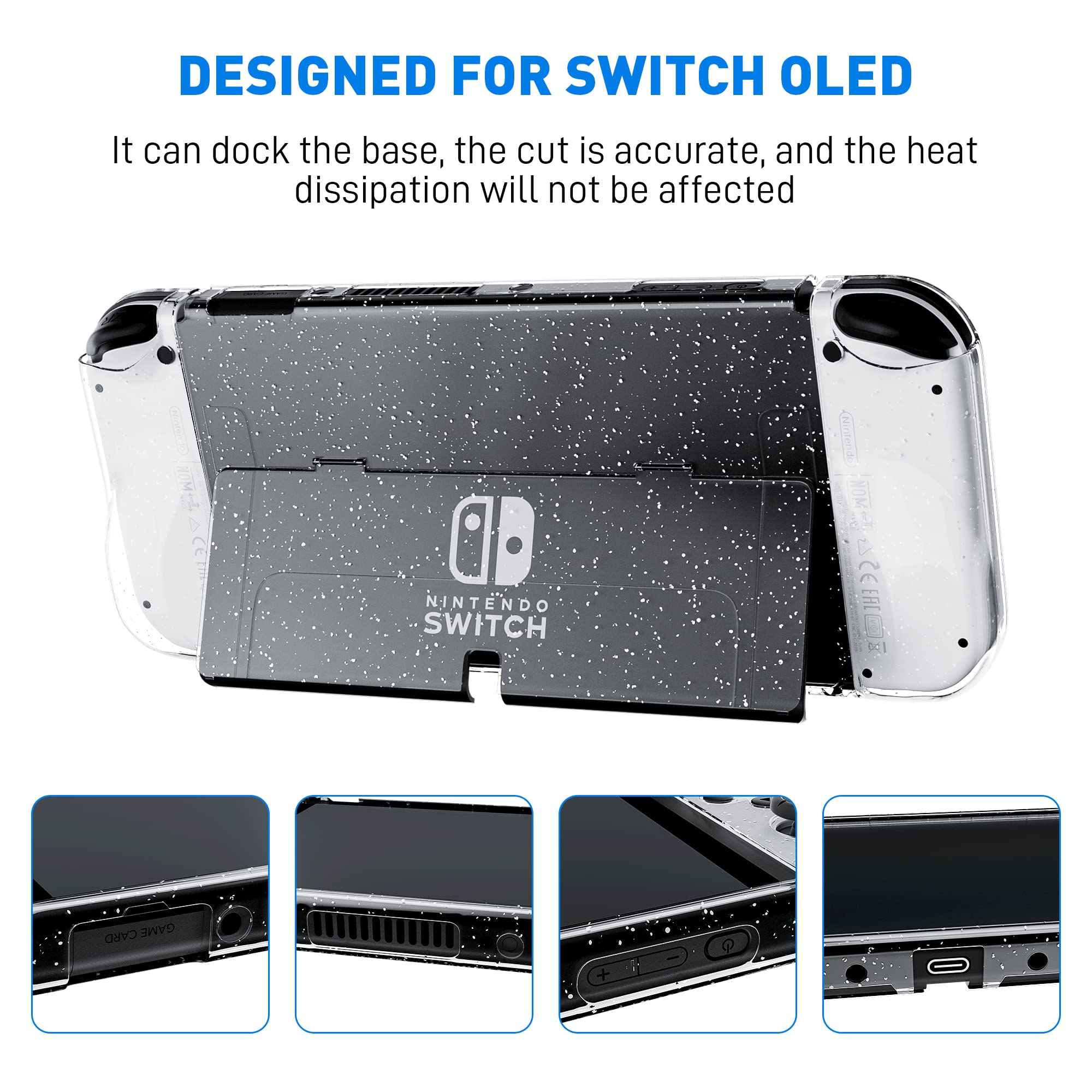 LASTYAL Glitter Flip Clear Case Compatible with Nintendo Switch OLED, Hard Console Protective Case and TPU Shell for Joycon Controller with Screen Protector and 12 Thumb Grip Caps