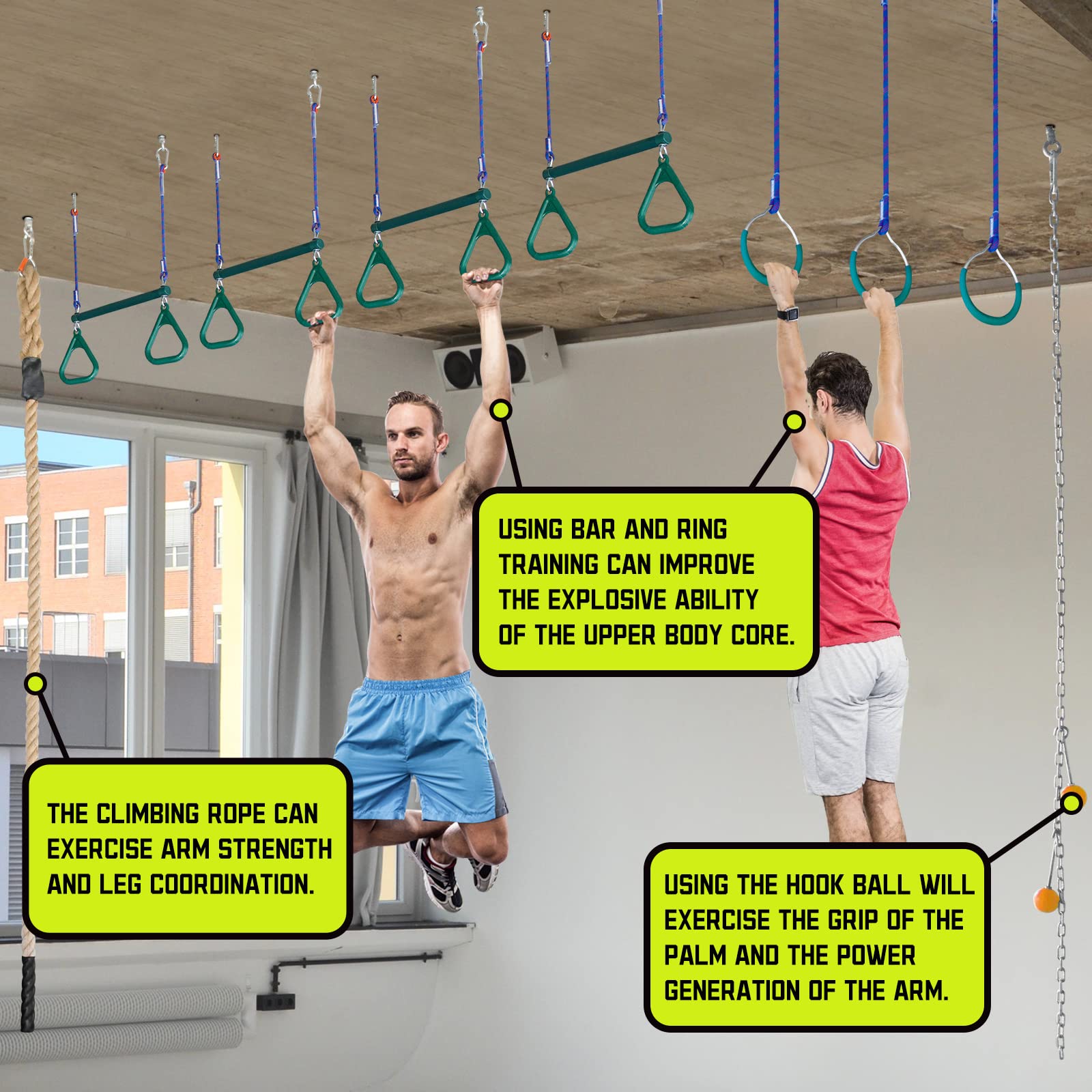 Perantlb Indoor Ninja Warrior Obstacle Course for Kids and Adults, Ninja Slackline Includes 7 Hanging Attachments,Roof Strength Training Set, which can Enhance arm Strength.