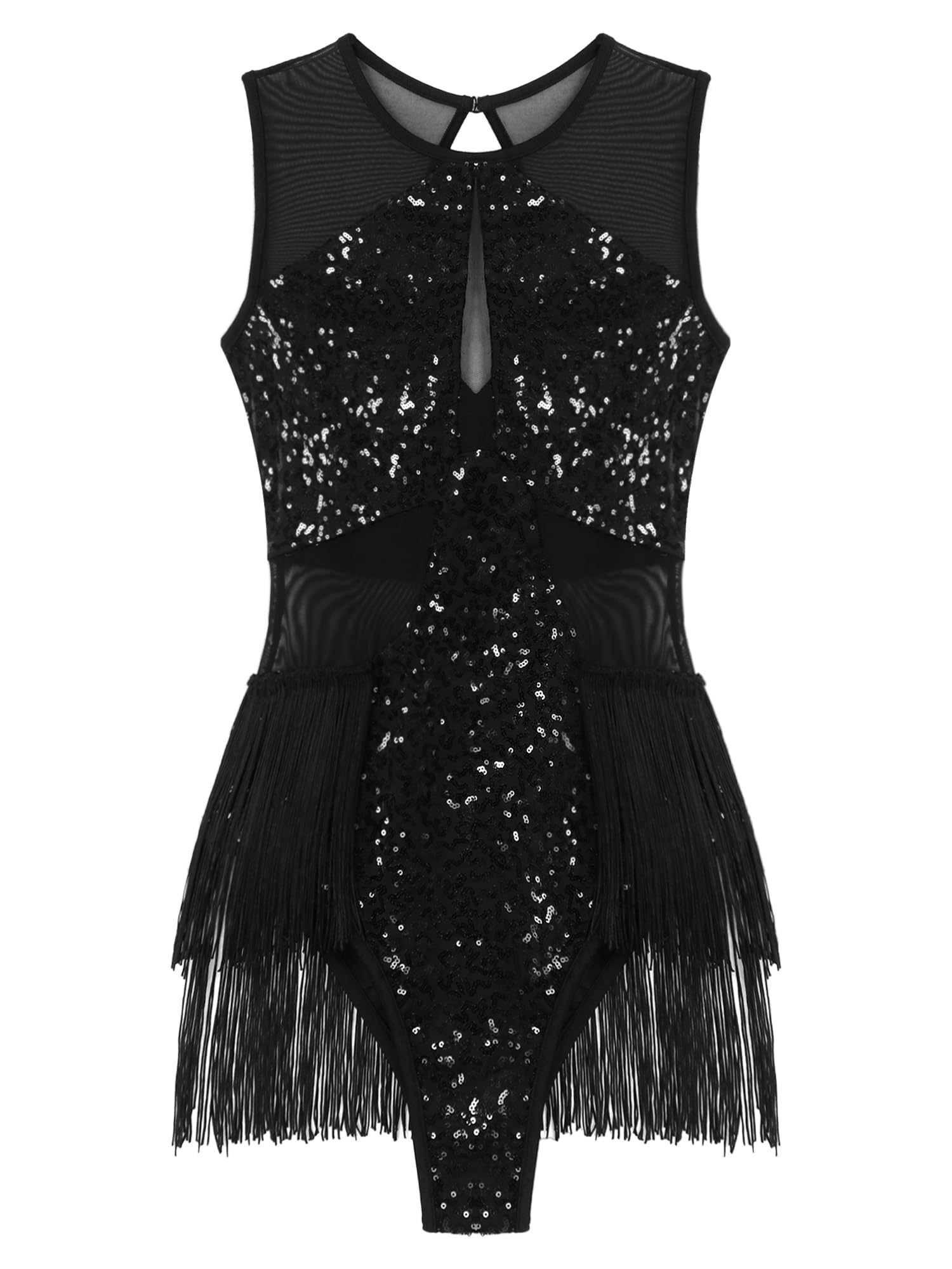 Moily Womens Mesh Inset Sequin Leotard with Fringe Keyhole Back Latin Cha-Cha Dancewear Costumes Black Medium