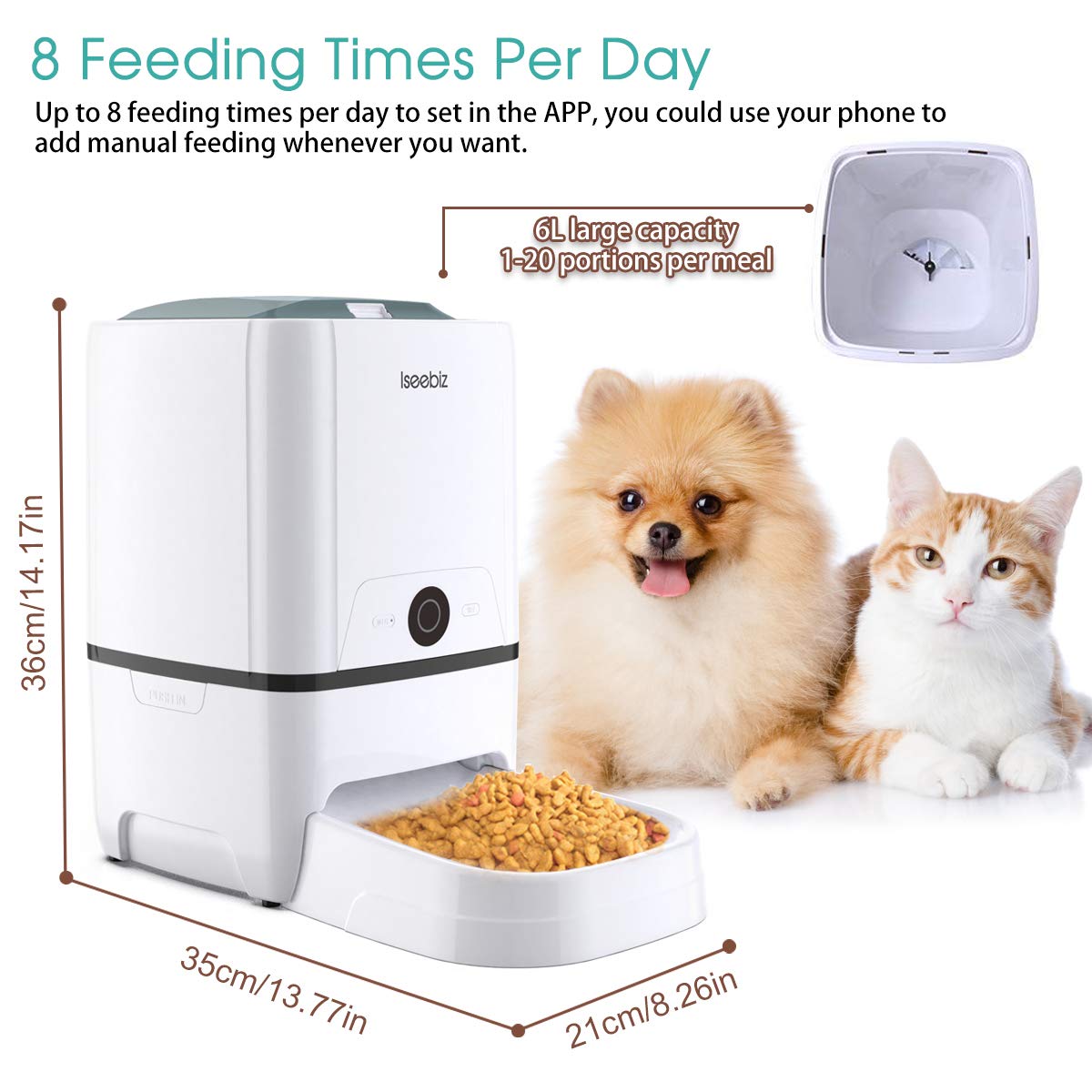 Iseebiz Smart Pet Feeder, Automatic Cat Dog Feeder, 6L WiFi App Control Food Dispenser with Voice Record Remind, Timer Programmable, Portion Control, IR Detect, 8 Meals Per Day Large Medium Cats Dogs
