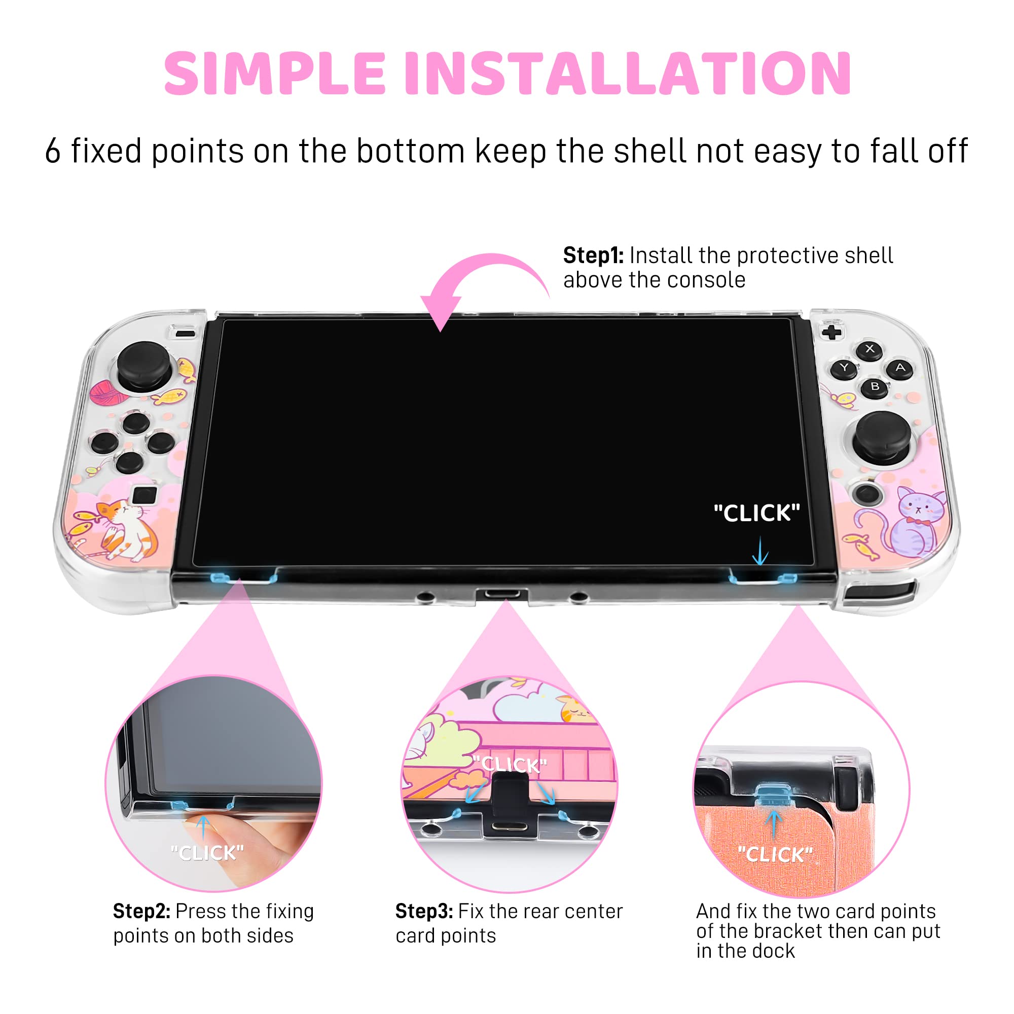 LASTYAL Pink Dockable Cover Case for Nintendo Switch OLED with Cute Cats, Transparent Protective Shell Compatible with Switch OLED Console, Comfortable Grip Shell for Joycon Controller - Cats Paradise