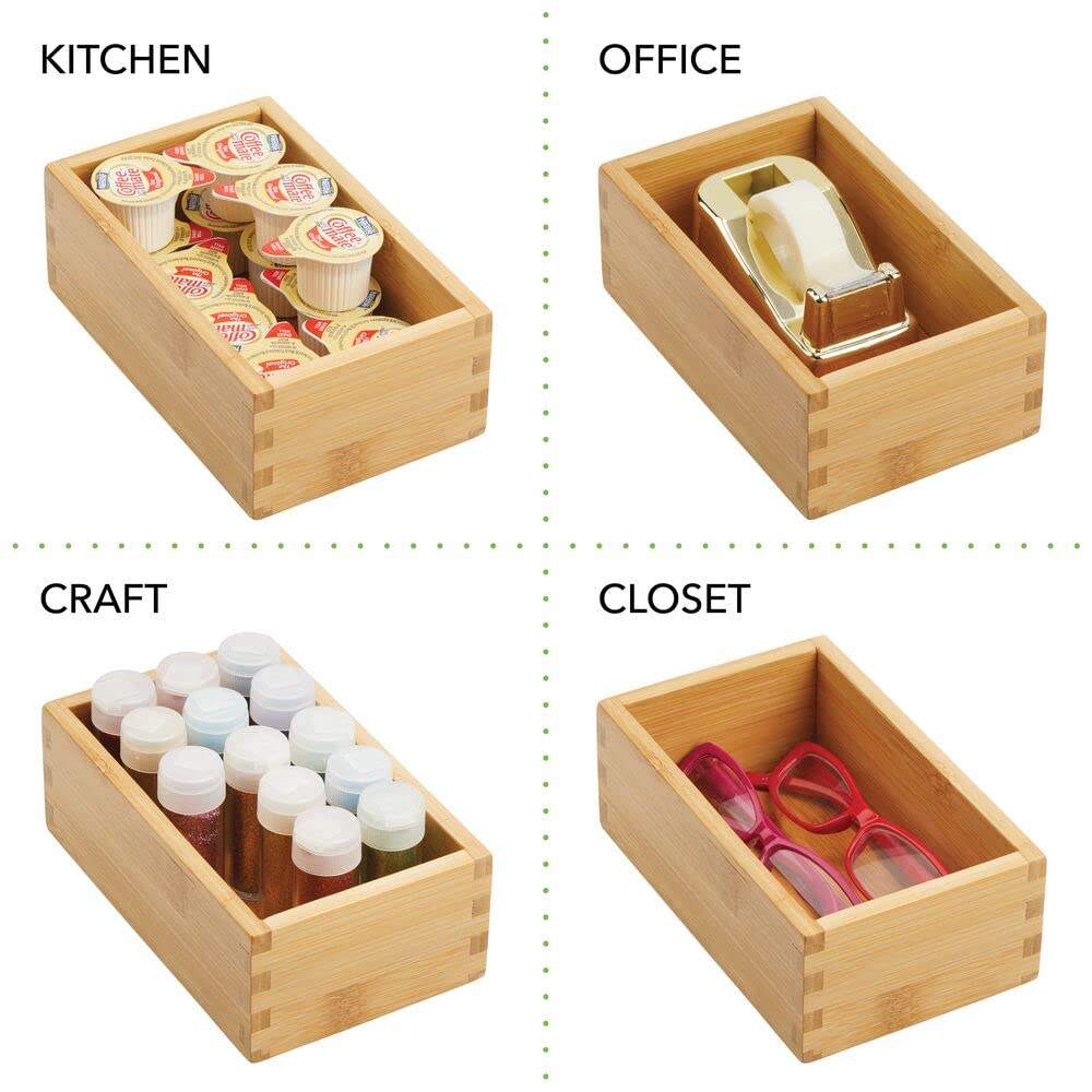 mDesign Wood Bamboo Storage Bin Container, Drawer Organizer Crate Boxes for Kitchen Pantry Cabinet, Shelf, Island or Countertop, Holds Snacks, Spices, or Drinks, Echo Collection, 4 Pack, Natural/Tan