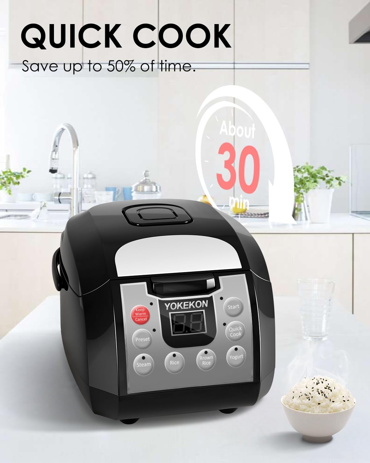 Rice Cooker 6 Cup, Stainless Steel Inner Pot Rice Cooker, YOKEKON Professional 6 Cup Uncooked Rice Cooker with Basket Steamer, 24H Delay Timer and Auto Keep Warm, Rice/Quick Cook/Brown Rice/Steam/Yogurt, Black