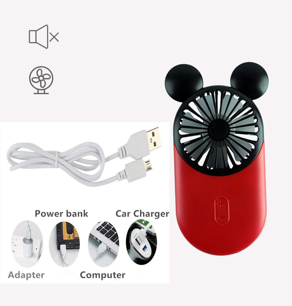 Kbinter Cute Personal Mini Fan, Handheld & Portable USB Rechargeable Fan Beautiful LED Light, 3 Adjustable Speeds, Portable Holder, for Indoor Outdoor Activities, Cute Mouse 3 Pack (Red+Pink+Yellow)