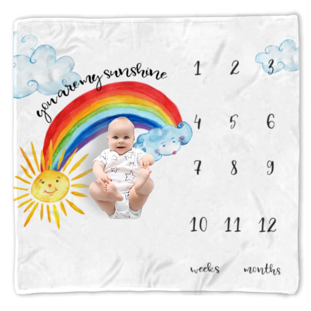 QICAIYUN Baby Monthly Milestone Blanket, Rainbow Theme Baby Month Blanket for Baby's, First Year Calendar Growth Chart, 48''x48'' YUN007