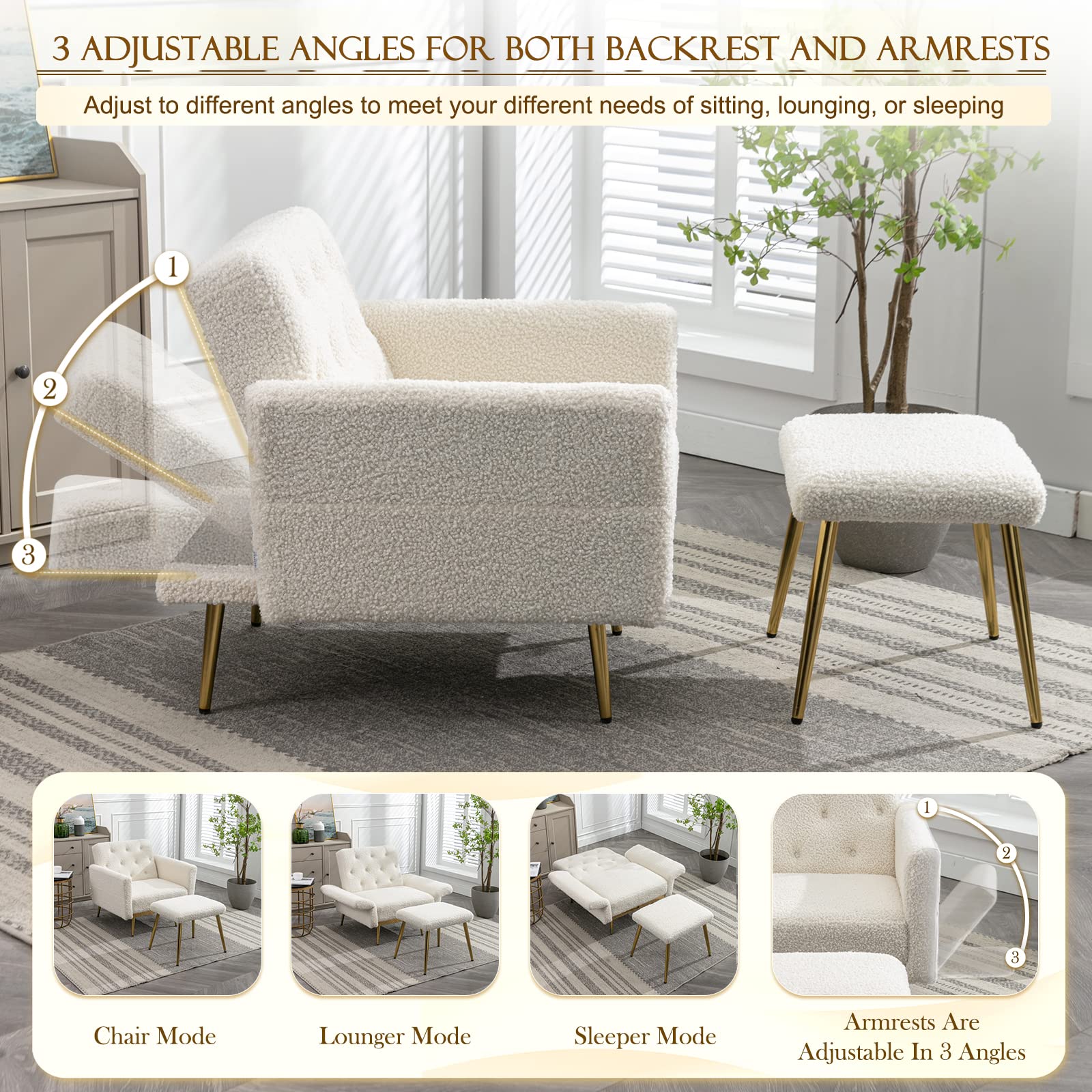 KINFFICT Velvet Accent Sofa Chair with Ottoman, Upholstered Comfy Lounge Armchair with Adjustable Armrests and Backrest, Living Room Single Recliner with Tufted Button Back, Cream White Teddy