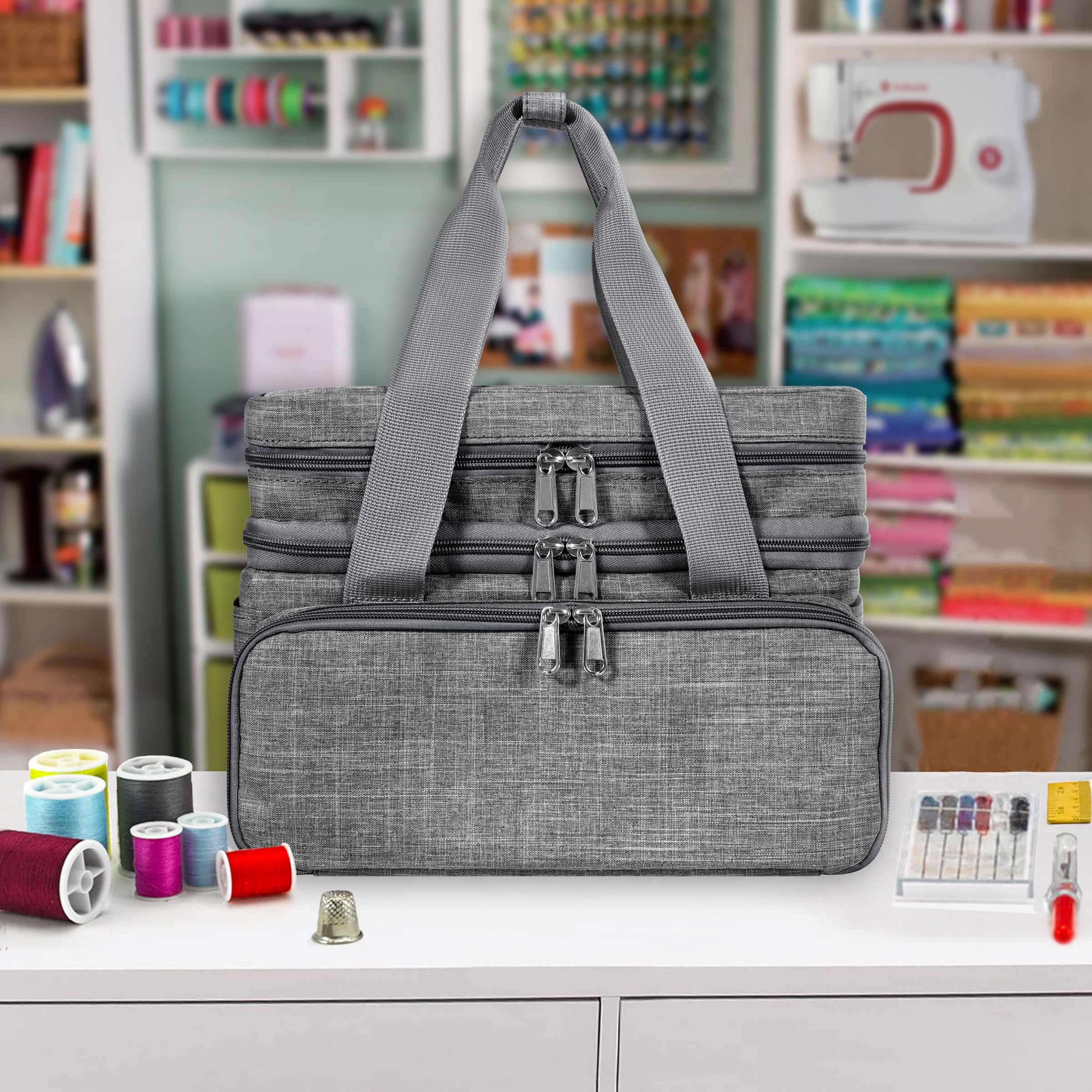 SINGER Sewing Accessories Organizer (Bag Only) β Double Layer Portable Sewing Storage Bag | 2 Detachable Pouches and 18 Compartments, Large Sewing Supplies & Crafting Carry-all (Gray)