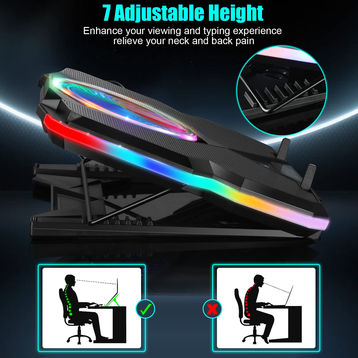 Laptop Cooling Pad, Gaming Laptop Cooler with 5 Quiet Fans and Colorful RGB Light(One Click colse), Laptop Fan Cooling Pad Fits 12-17 Inch Laptop, USB Port Powered, 7 Adjustable Height