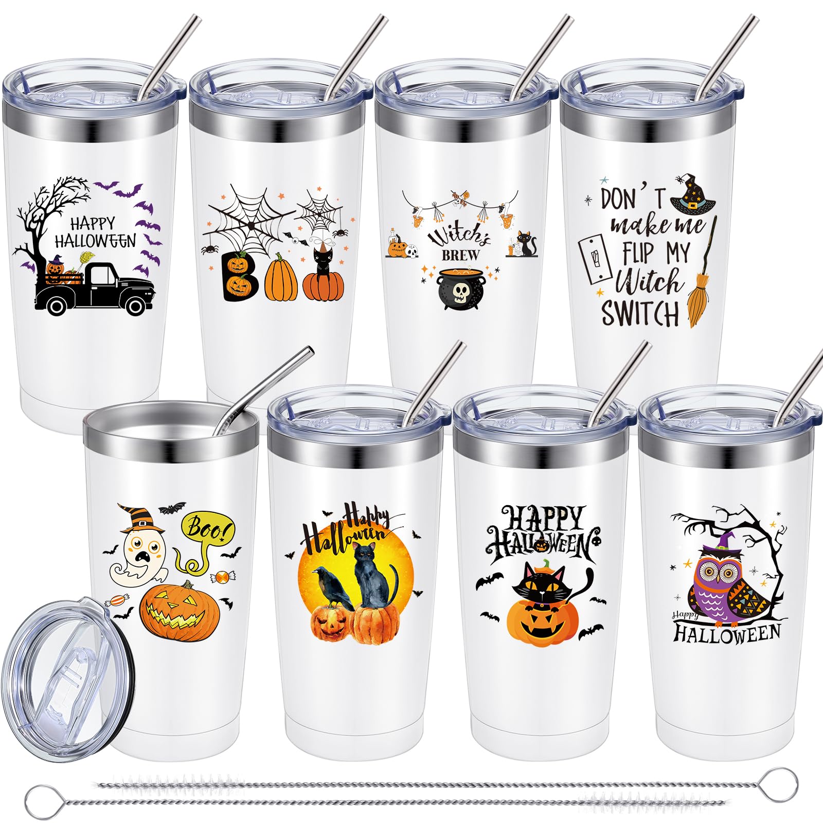 Singhoow 8 Pcs Halloween Tumbler with Lid and Straw 12 oz Halloween Coffee Mugs Stainless Steel Insulated Pumpkin Ghost Bat Boo Witch Halloween Wine Cup Bulk for Halloween Party Travel Men Women Gift