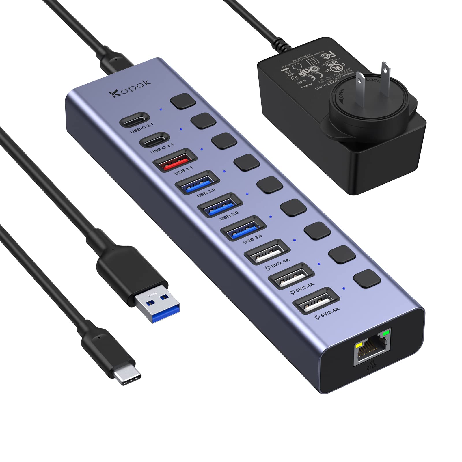 Powered USB C Hub/USB Hub 3.1, 10-Port 60W Aluminum USB Splitter with Ethernet Port, 2 USB C 3.1, 3 USB A Charging Ports, USB A 3.1, 3 USB A 3.0, Power Switches, 16inch Cable AC Adapter for Laptops,PC