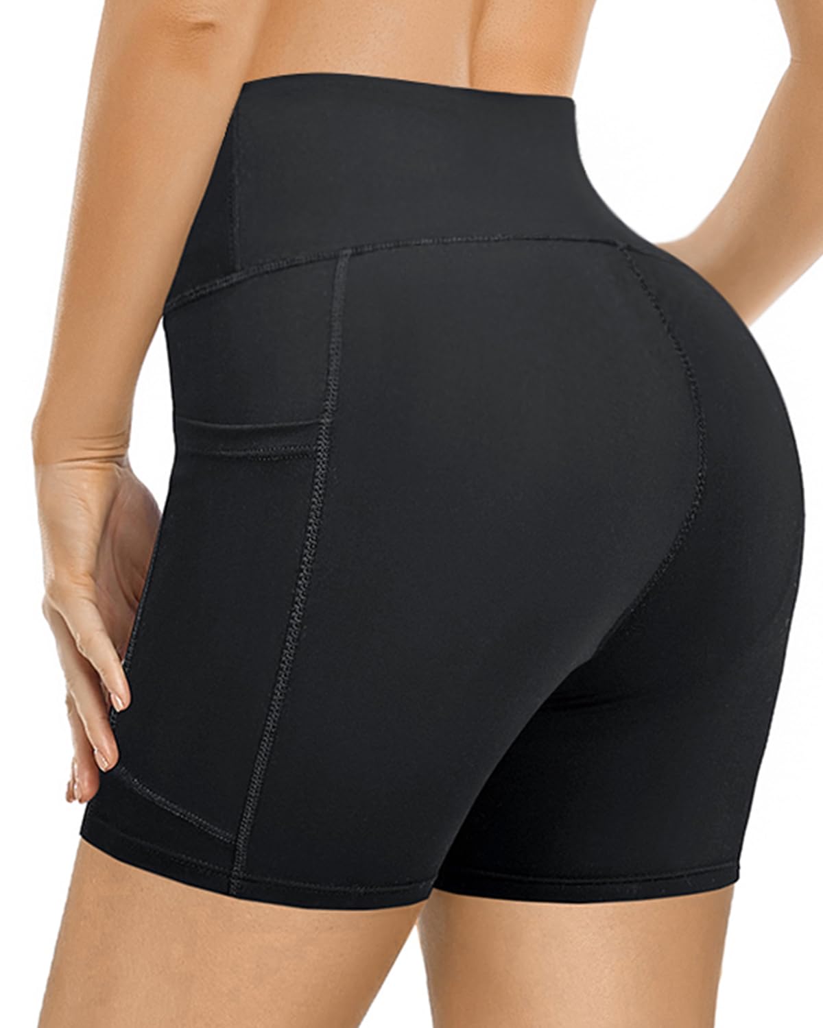 MARINAVIDA High Waisted Black Yoga Shorts Biker Shorts with Pockets Tummy Control Gym Compression Spandex Shorts 5"
