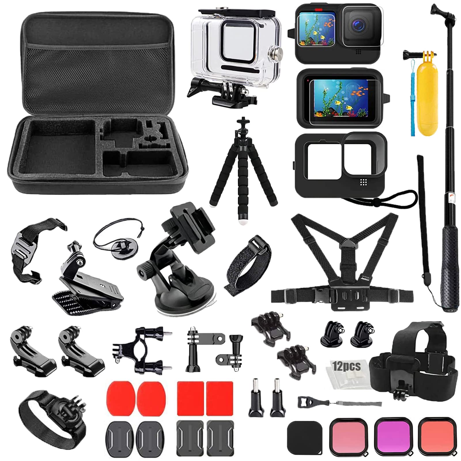 Pikioraz Accessories Kit for GoPro, Accessory Bundle Compatible with GoPro Hero 12 11 10 9, Black Action Camera Accessories for Hero
