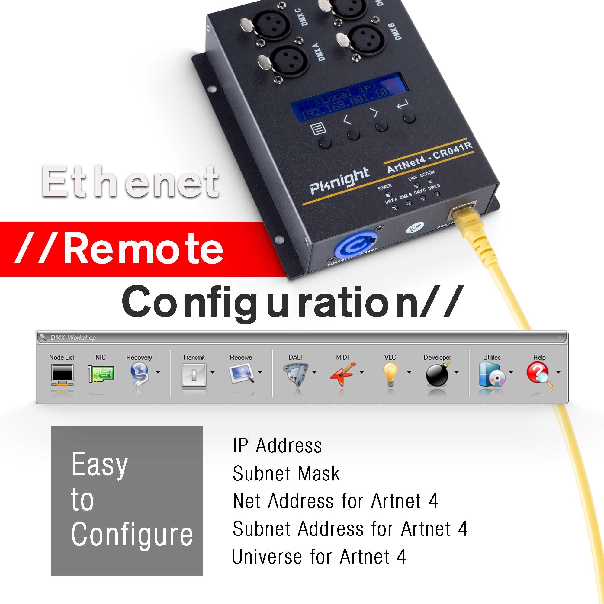 Pknight Bi-direction ArtNet DMX 2048 Ethernet Lighting Controller Interface,4 Universe/Truss Mountable/PoE CR041R