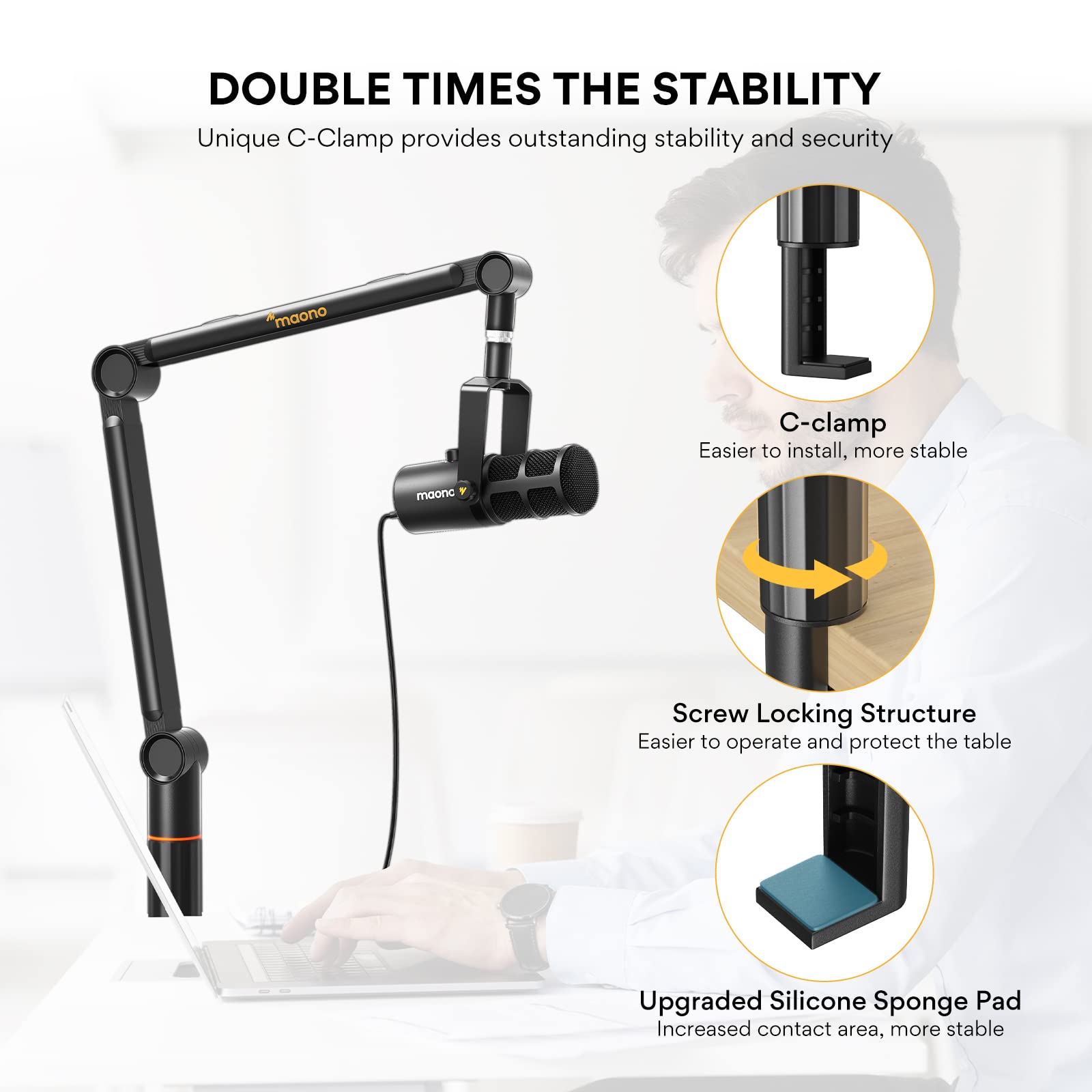 Maono Microphone Boom Arm, [ Sturdy & Stable] [Adjustable 360°]Rotatable Mic Boom Arm Stand with 3/8" to 5/8" Adapter, Heavy Duty Microphone Stand for Radio Studio, Podcast, Gaming (BA90)