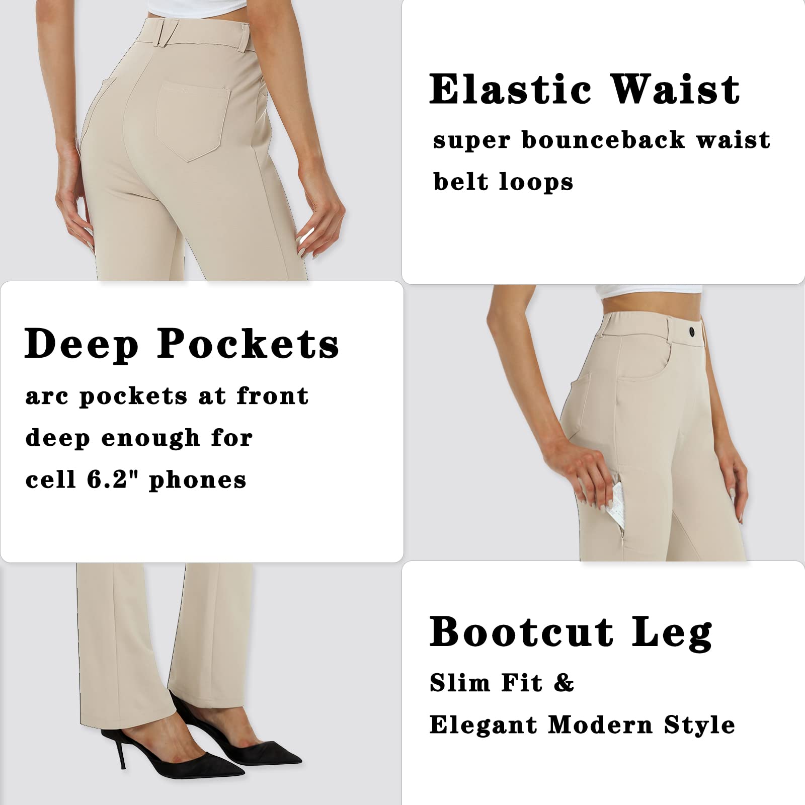 MoFiz Women's 29" Yoga Dress Work Pants Bootcut Leg Elastic Waist Business Office Stretchy Slacks Casual Golf with Pockets Light Khaki M