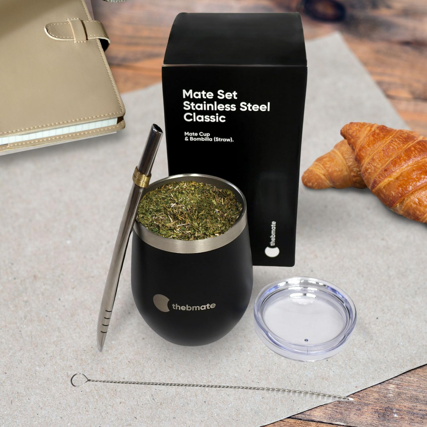 thebmate Classic Yerba Mate Set β Double Walled Stainless Steel Mate Cup β Mate Gourd with Spill Resistant Lid, Bombilla Straw and Cleaning Brush (8 oz) (Pure Black)