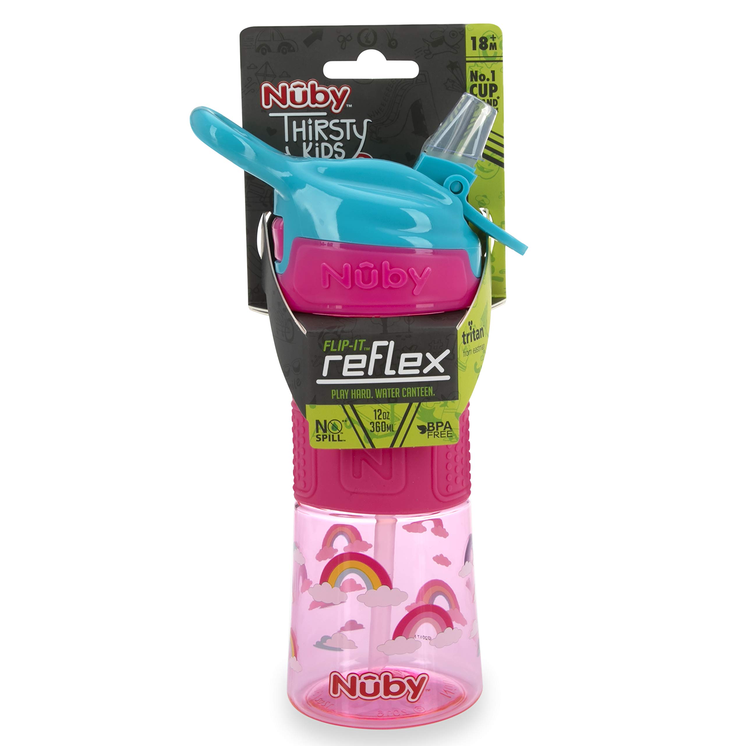 Nuby Thirsty Kids Push Button Flip-it Soft Spout on The Go Water Bottle with Easy Grip Band, Pink Rainbows, 12 Ounce