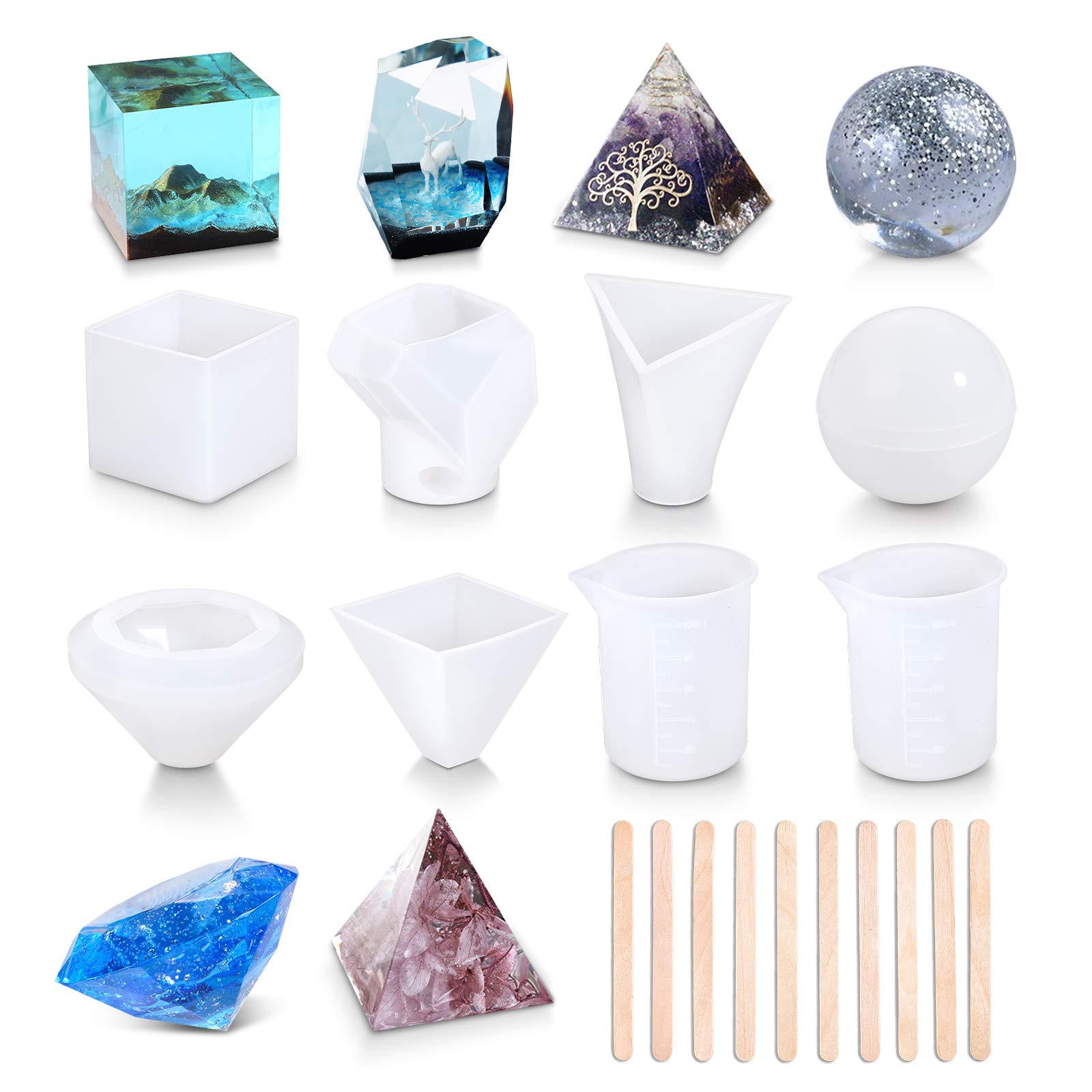 ISSEVE Silicone Resin Molds 18Pcs DIY Casting Molds Tools Set Including 6 Pack Large Various Shape Silicone Molds 2 Measurement Cups 10 Wood Sticks for Resin Epoxy Candle Wax Soap Home Décor