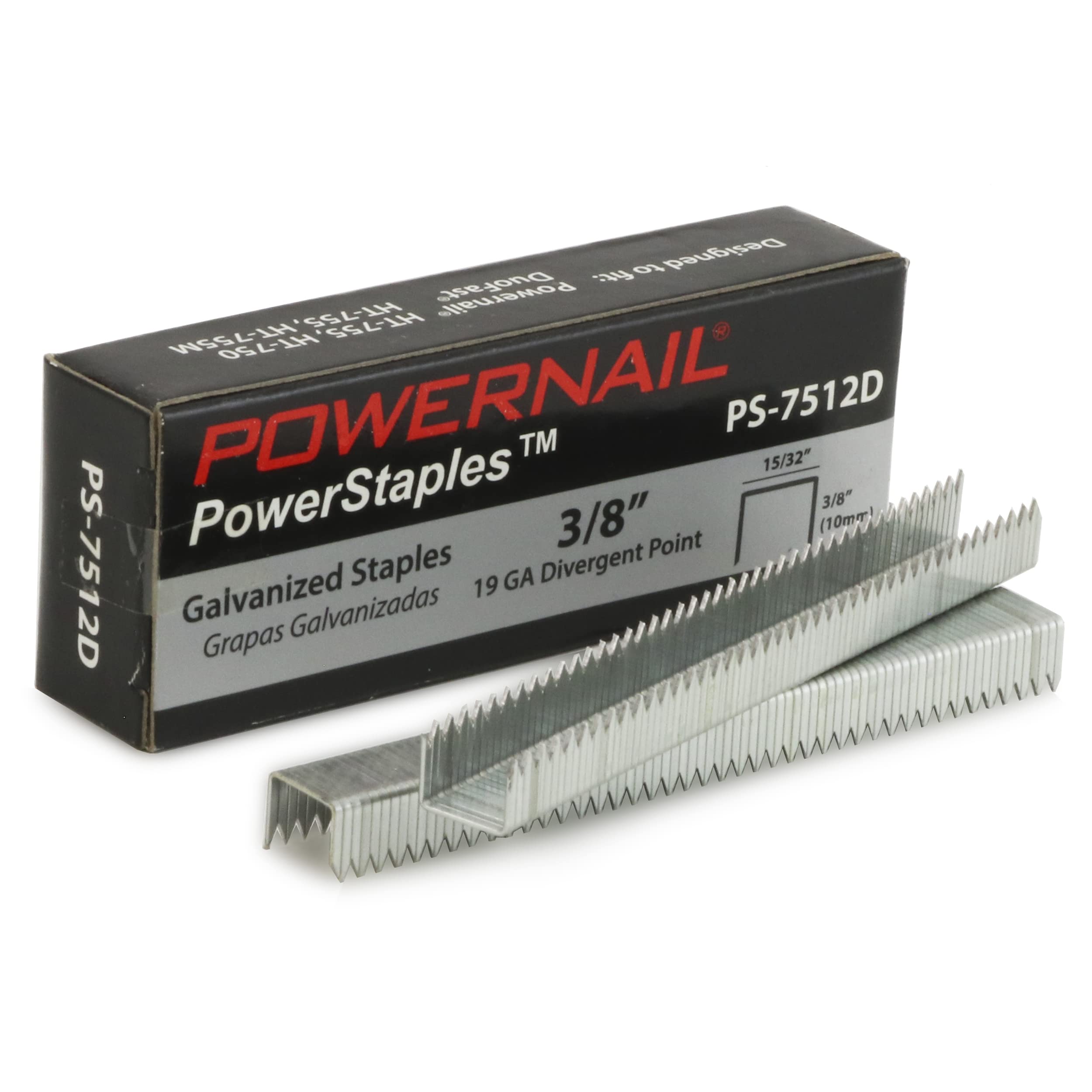 Powernail PS7512D 19 Gauge 15/32 Inch Crown 3/8 Inch Length Divergent Point Collated Galvanized Staples (Box of 1000)