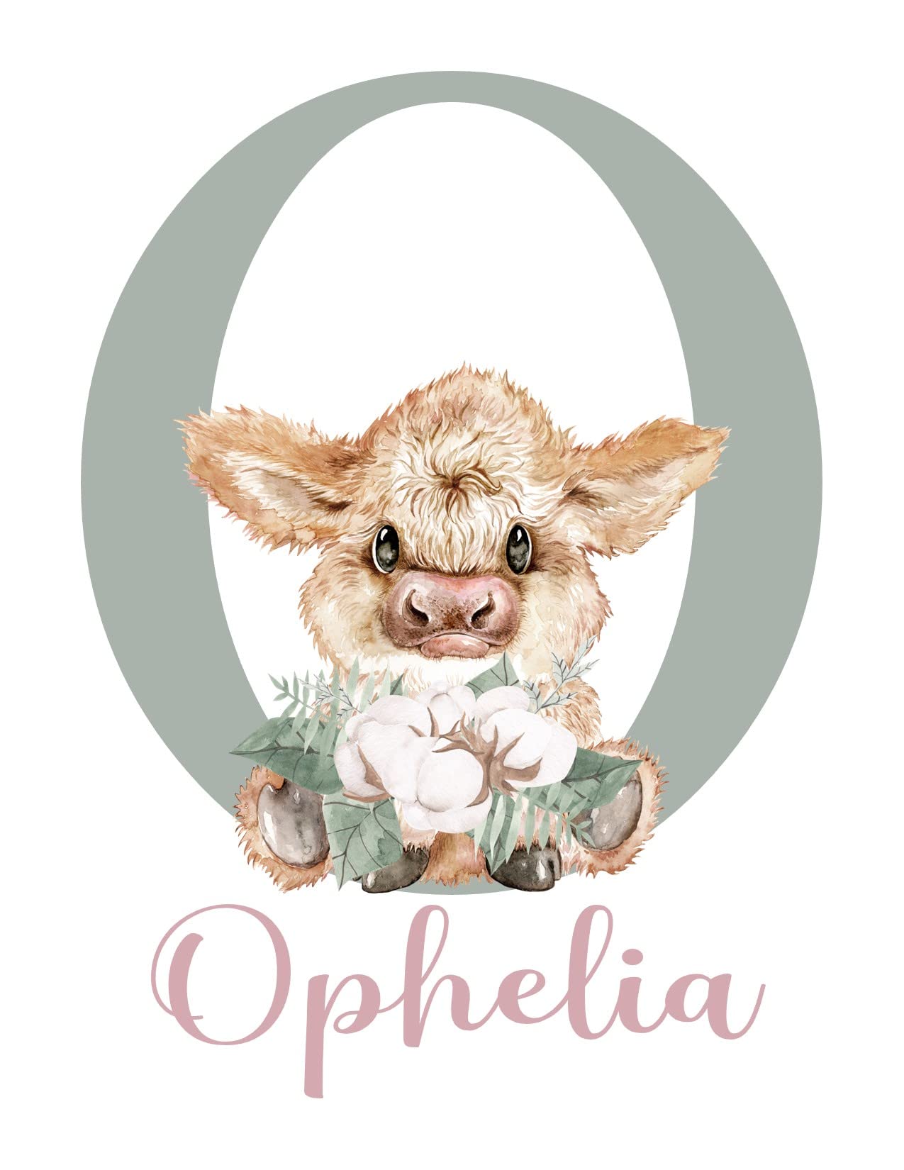 Personalized Watercolor Highland Cow Sage Green and Dusty Rose Rustic Cotton Farmhouse Baby Nursery Unframed Print
