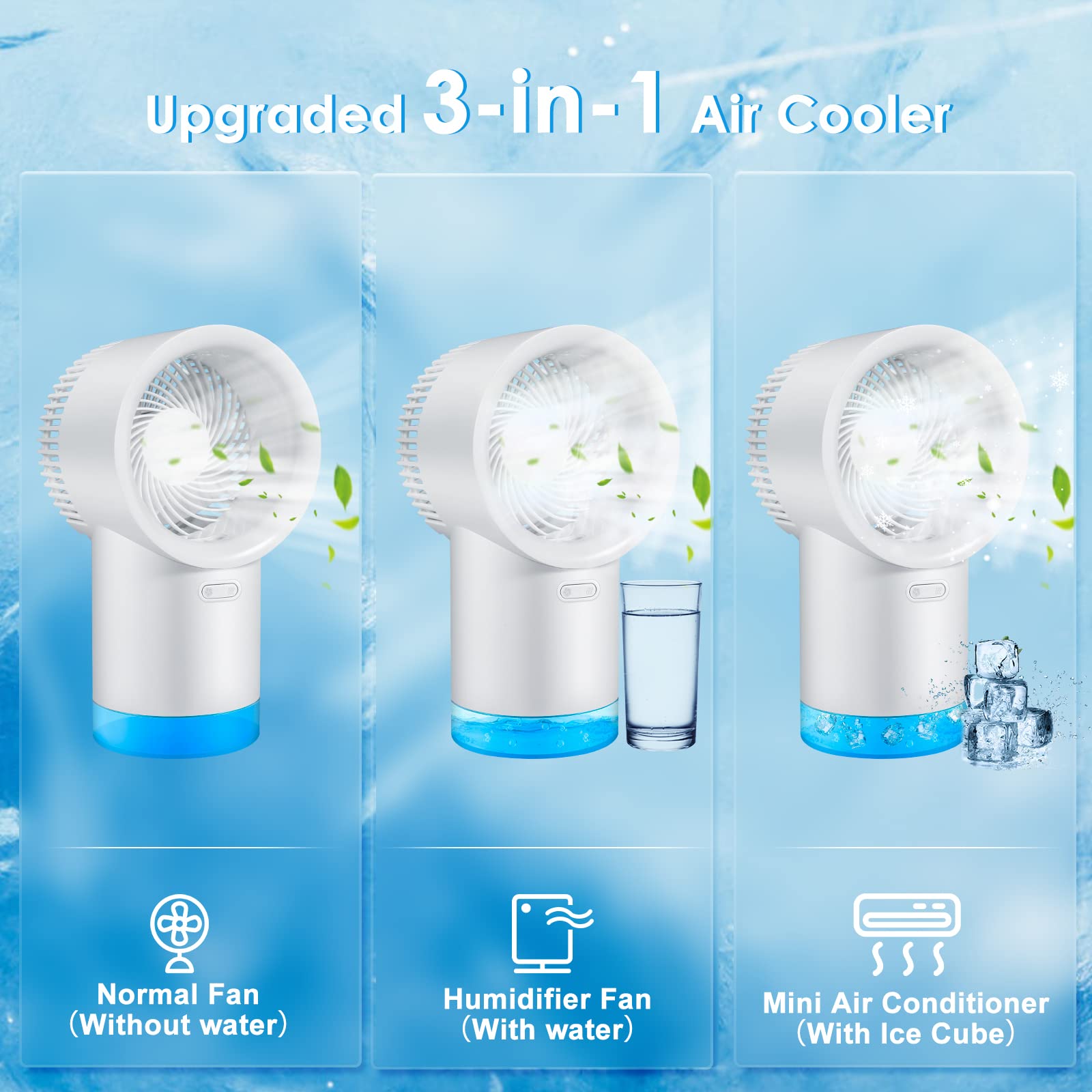 Mini Personal Air Cooler, Portable 3 Speed Evaporative Air-Cooler, Small Personal Air Conditioner with LED Light for Room, Bedroom, Office & Kitchen