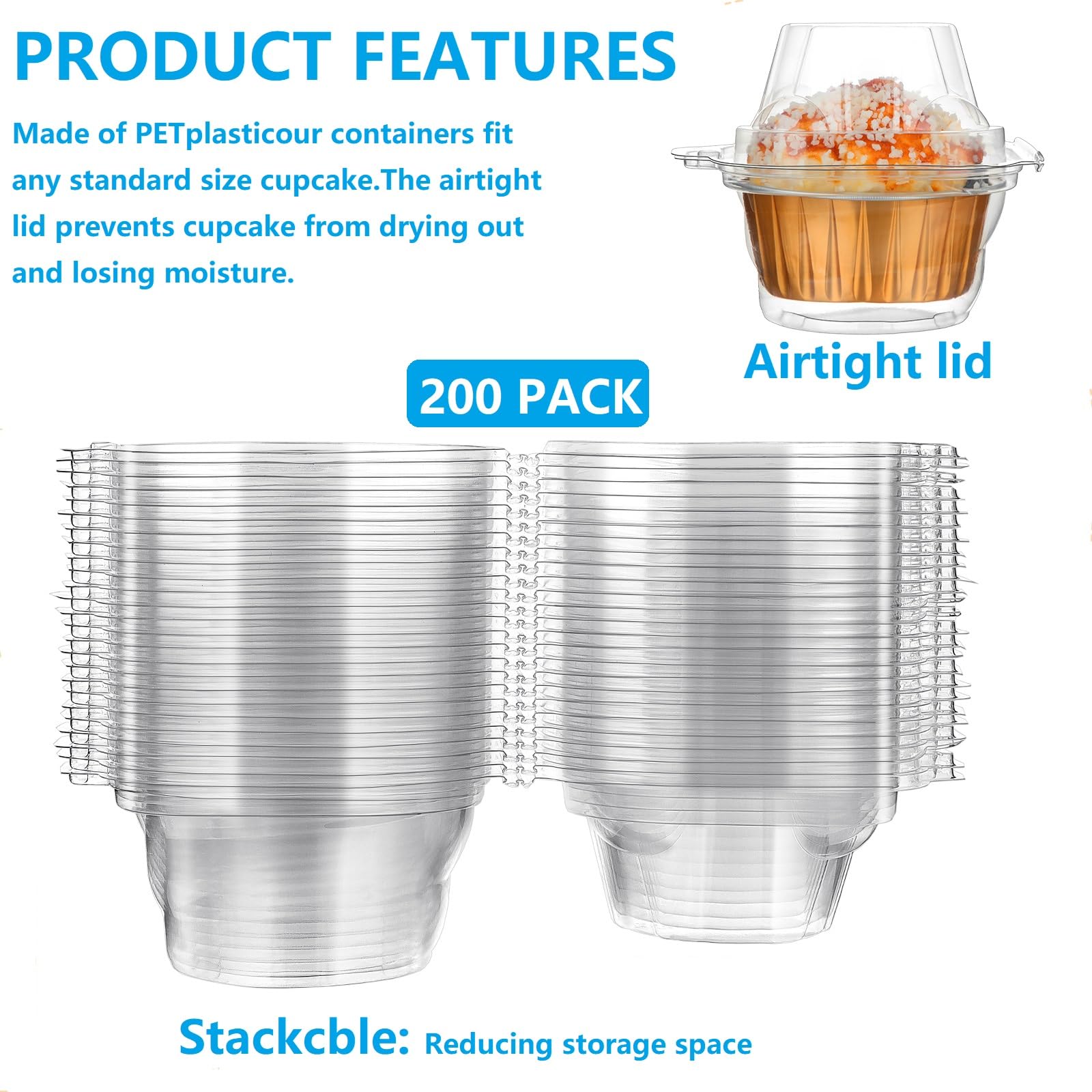 Meanplan Single Cupcake Containers Disposable Individual Cupcake Boxes Plastic Cupcake Holder Stackable Cupcake Carriers Clear Cupcake Domes with Connected Lid for Food Wedding Baby Shower (200 Pcs)