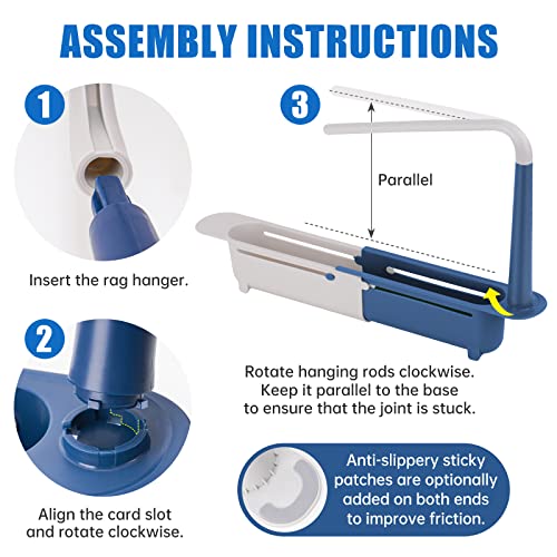 NiHome Telescopic Kitchen Sink Organizer with Towel Hanger and Expandable Drain Basket - Adjustable Length Multifunctional Caddy for Home and Bathroom Storage (Blue/White)