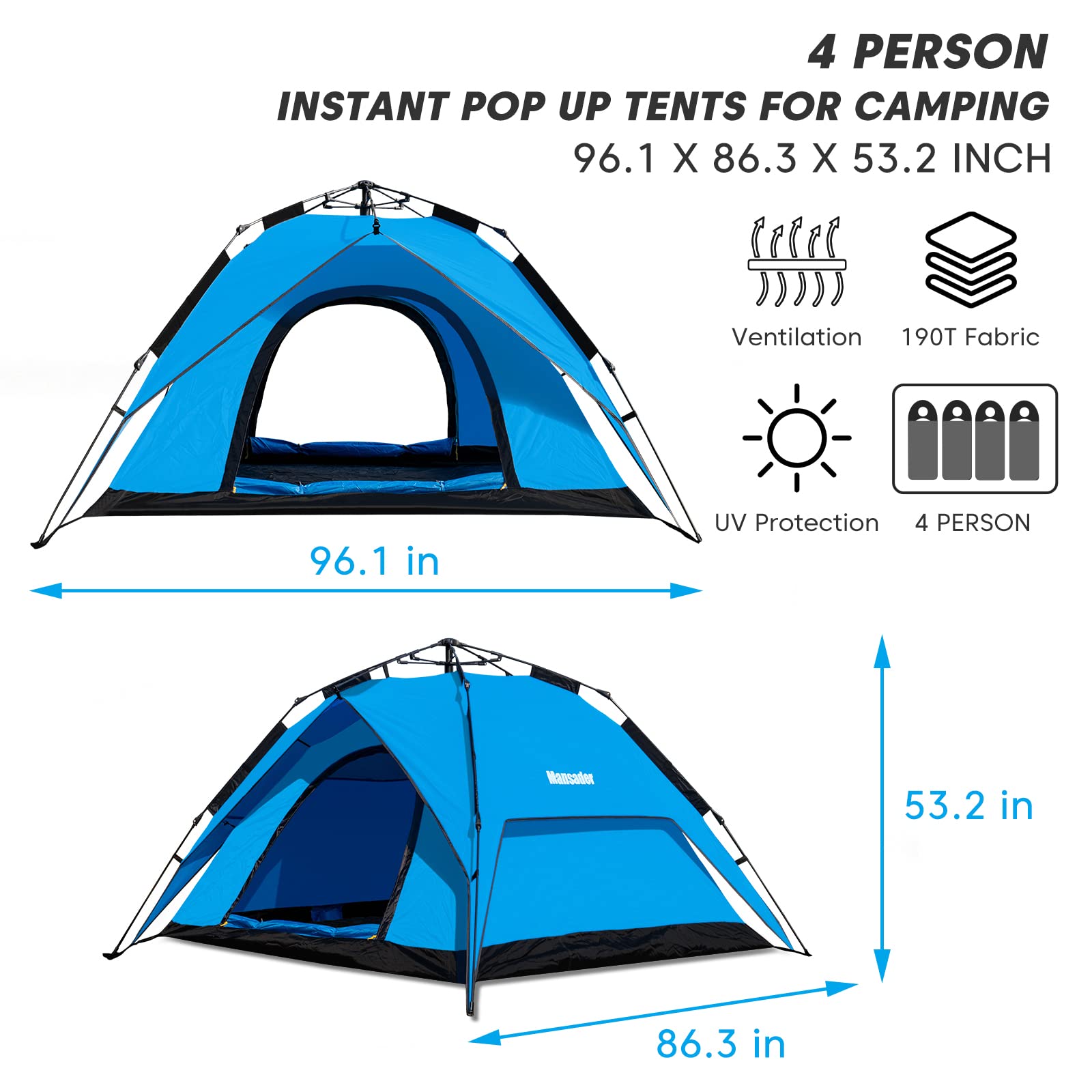 Mansader Pop Up Camping Tent 4 People Automatic Tents for Camping Instant Tent Waterproof Windproof for Camping Hiking Mountaineering