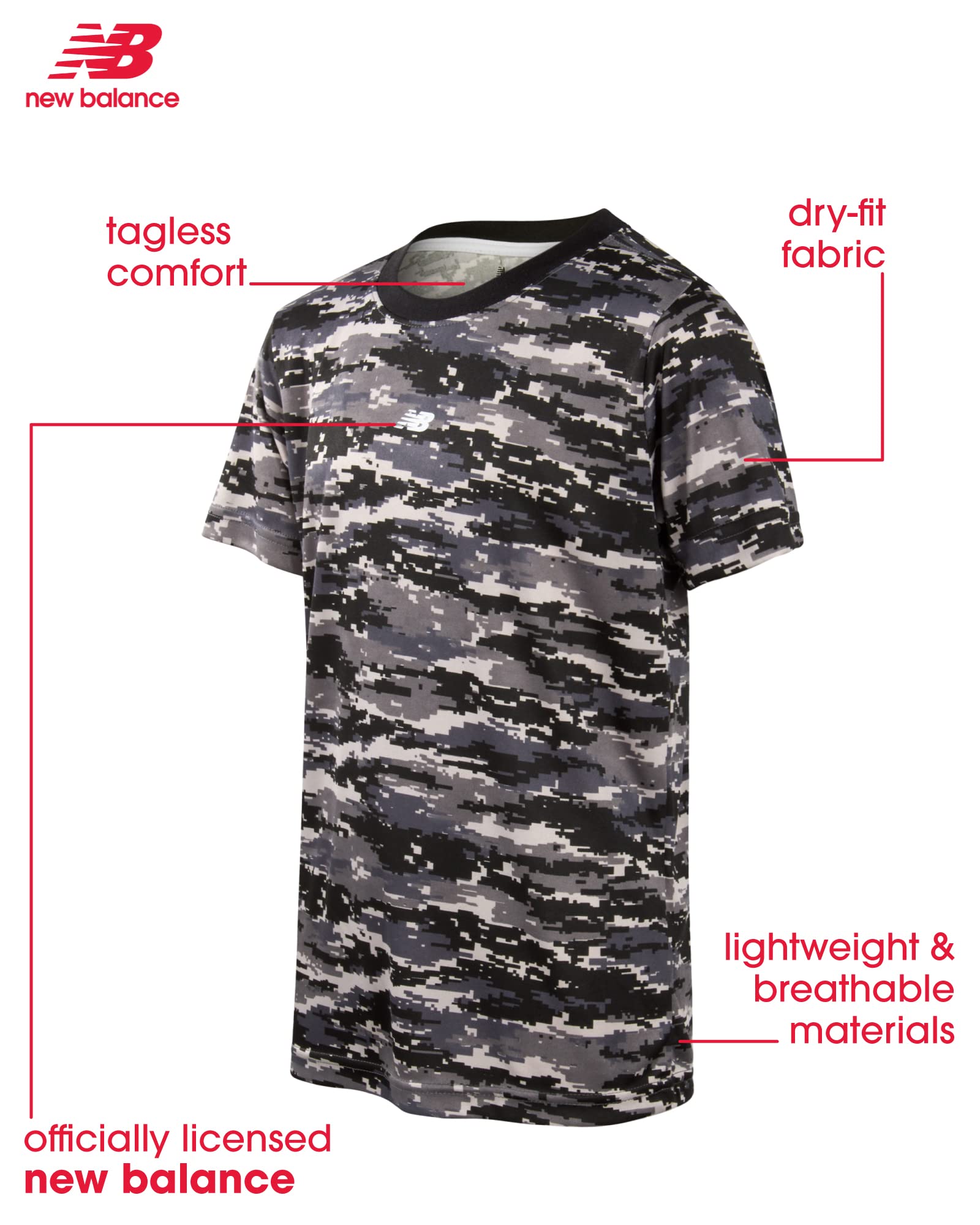 New Balance Boys' Athletic T-Shirt - 2 Pack Active Performance Dry-Fit Sports Short and Long Sleeve Shirt (8-20), Size 10-12, White Camo/Grey