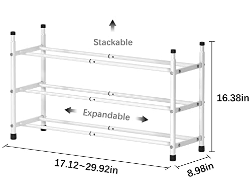TZAMLI 3-Tier Stackable Closet Shoe Rack Organizer, Expandable and Adjustable Metal Shoes Shelf Storage Small Shoe Rack for Entryway Dorm, White