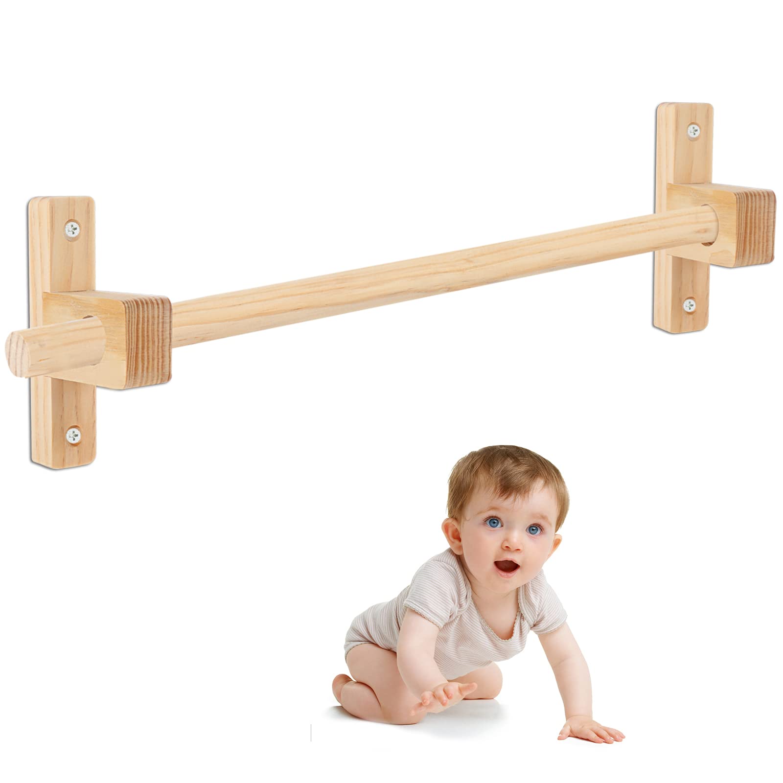 Montessori Pull Up Bar for Infants, 46 Inch Adjustable Wooden Baby Pull Up Bar is Suitable for Babies 6-18 Months