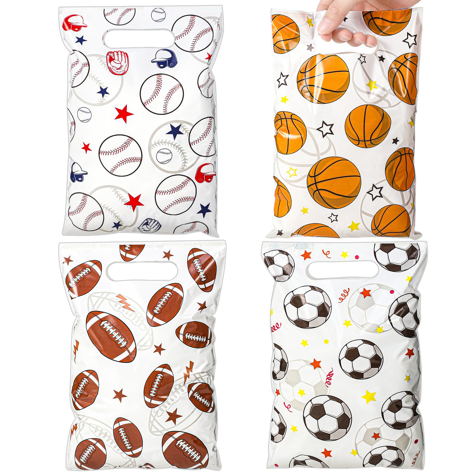 Pajean 100 Pcs Sport Party Favor Bags 10 x 7 Inch Football Goodie Bags Plastic Sport Birthday Gift Bags Soccer Baseball Candy Bags Basketball Treat Bags for Sport Football Basketball Party Stuffers