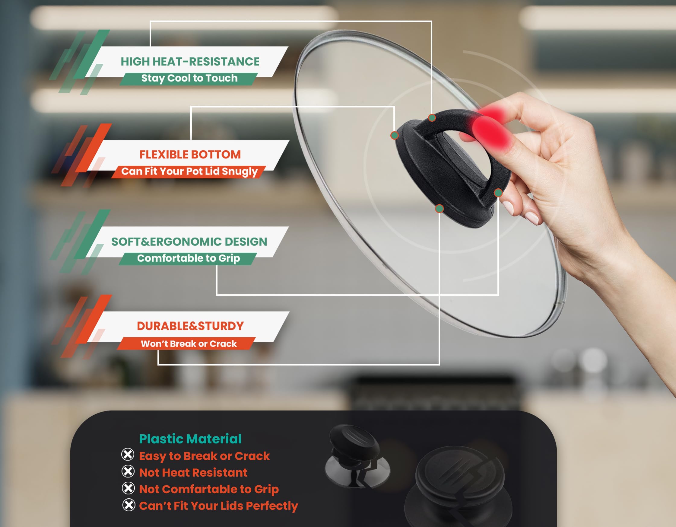NOKESS Universal Pot Lid Knob Compatible with Crockpot Lids, Pan Lid Replacement Handle, Heat Resistant Pot Knob for Glass, Steel Lids, Easy Grip Lid Handle, Kitchen Cookware, 2.75βx1.77β