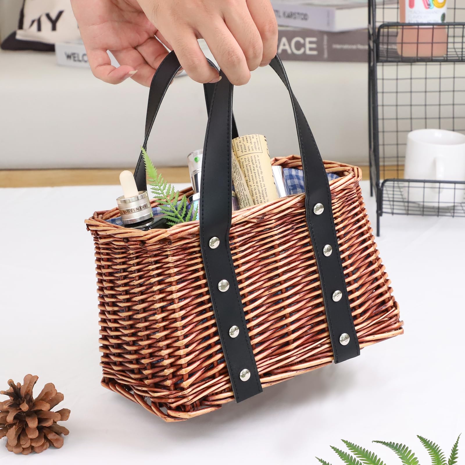 KINGWILLOW Wicker Trapezoidal Storage Basket Container with Handles, Small Organizer Box, Blue&White Lining