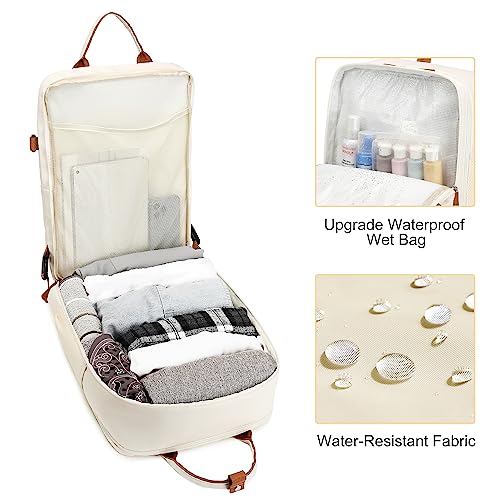 InduSKY Large Travel Backpack for Women, 40L Carry On Backpack Airline Flight Approved with USB Charging Port Shoes Compartment, Personal Luggage Backpack 15.6 Inch Laptop Backpack(Beige+Navy Blue)