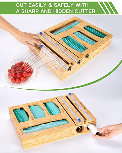 Uamector 6 In 1 Foil and Plastic Wrap Organizer, Ziplock Bag Organizer for Kitchen Drawer, Plastic Wrap Dispenser with Cutter, Bamboo Bag Storage Organizer for Gallon, Quart, Sandwich