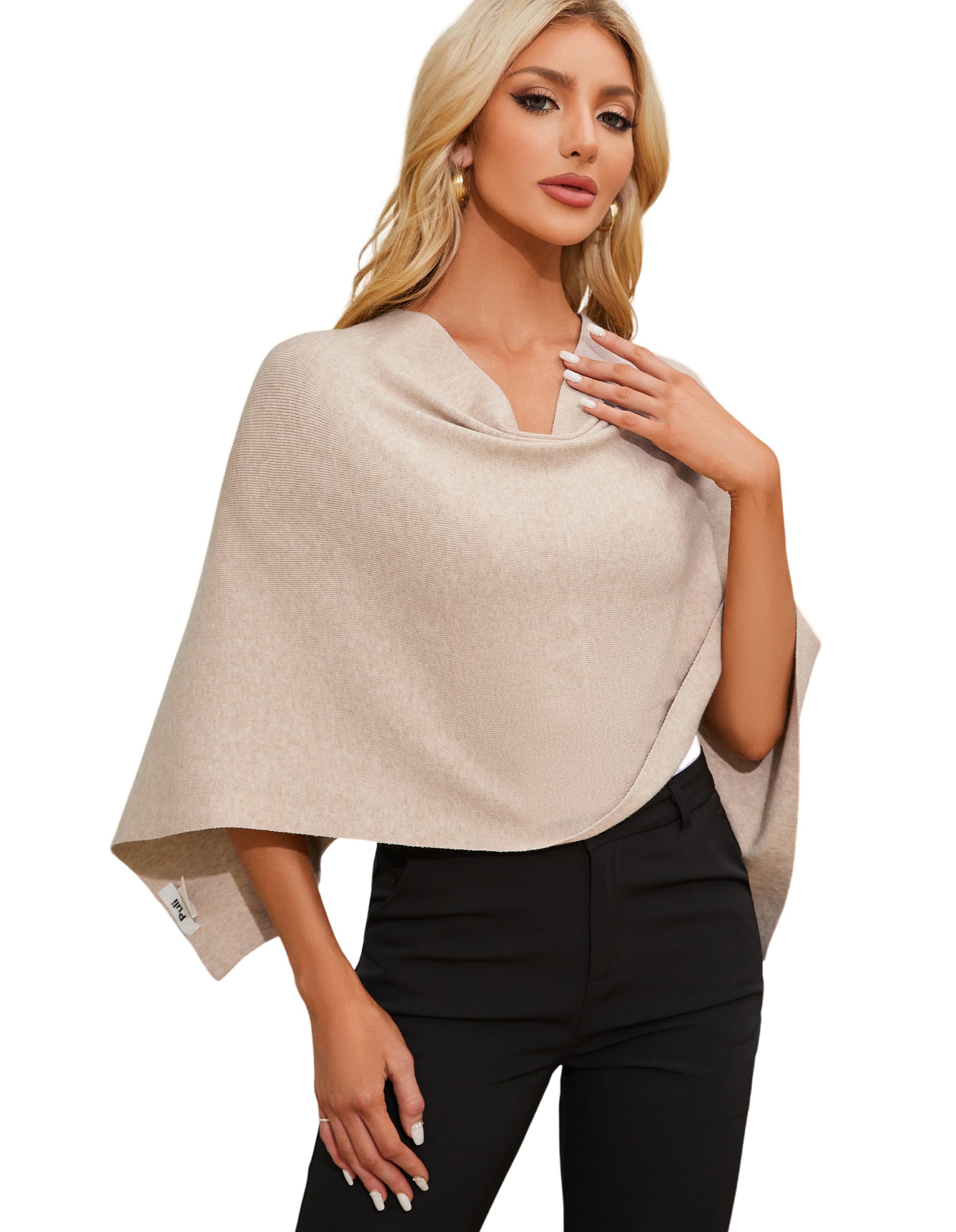 PULI Women Capri Poncho Sweater Cropped Versatile Shawl Soft Knit Shawl Wraps Cowl Neck Ponchos Short Tops Barley Twist