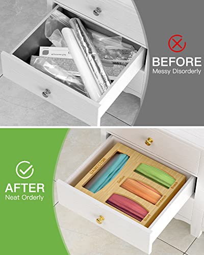 Uamector Bamboo Ziplock Bag Organizer for Drawer, Food Bags Dispenser Plastic Bags Holder for Kitchen, Hanging Baggie Container for Gallon Quart Sandwich or Snack Bag Trash Bags