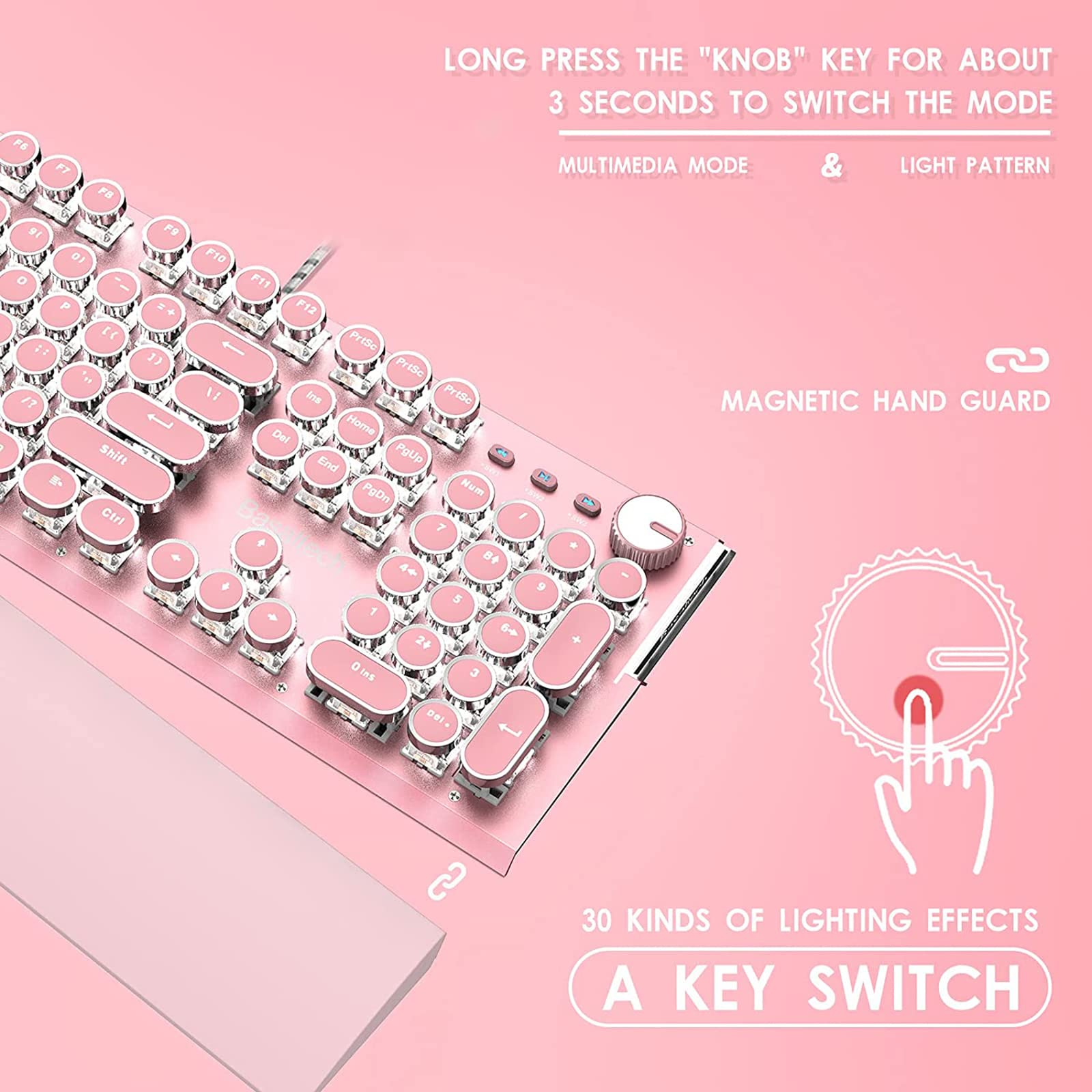 Pink Mechanical Keyboard, Retro Typewriter Keyboard with White LED Backlit USB Wired Keyboards for Gaming and Office, Round Keys Keyboard with Removable Wrist Rest, Multimedia Control for Mac/PC