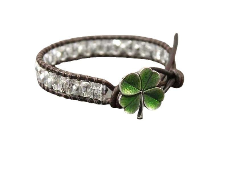 LITEYPP Green Silver Four Leaf Clover Leather Bracelet