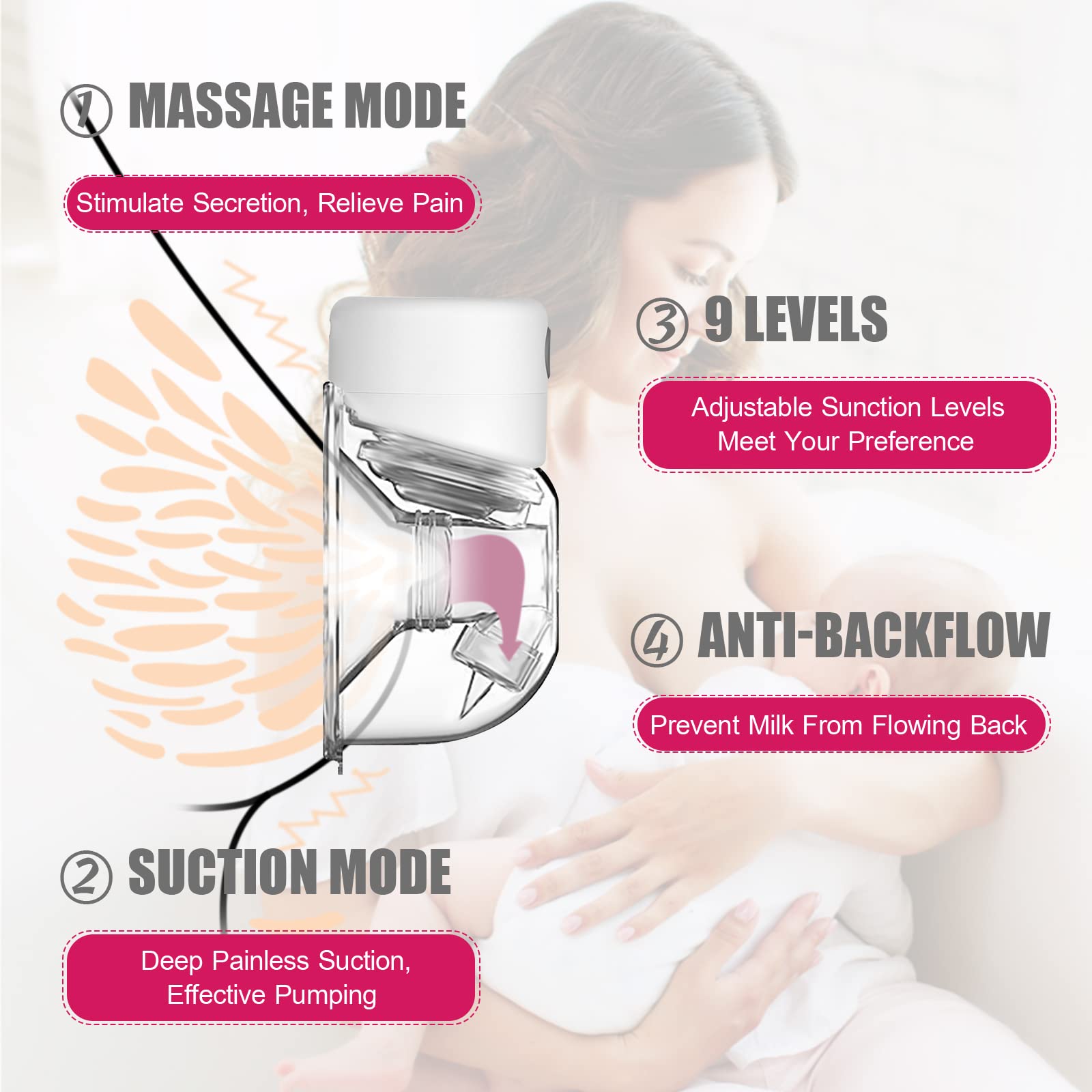 PULLNSCOOP Electric Wearable Breast Pump Pain Free Hands Free Effective Suction Portable Breastfeeding Low Noise 2 Modes 9 Levels