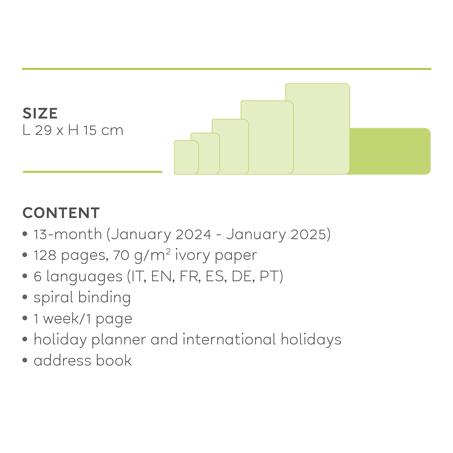 Legami - Desk Planning, 13 Months, from January 2024 to January 2025, Spiral Binding, One Week by Page, Holiday Plan, International Parties, Address Book, 29x15 cm, Malachite green