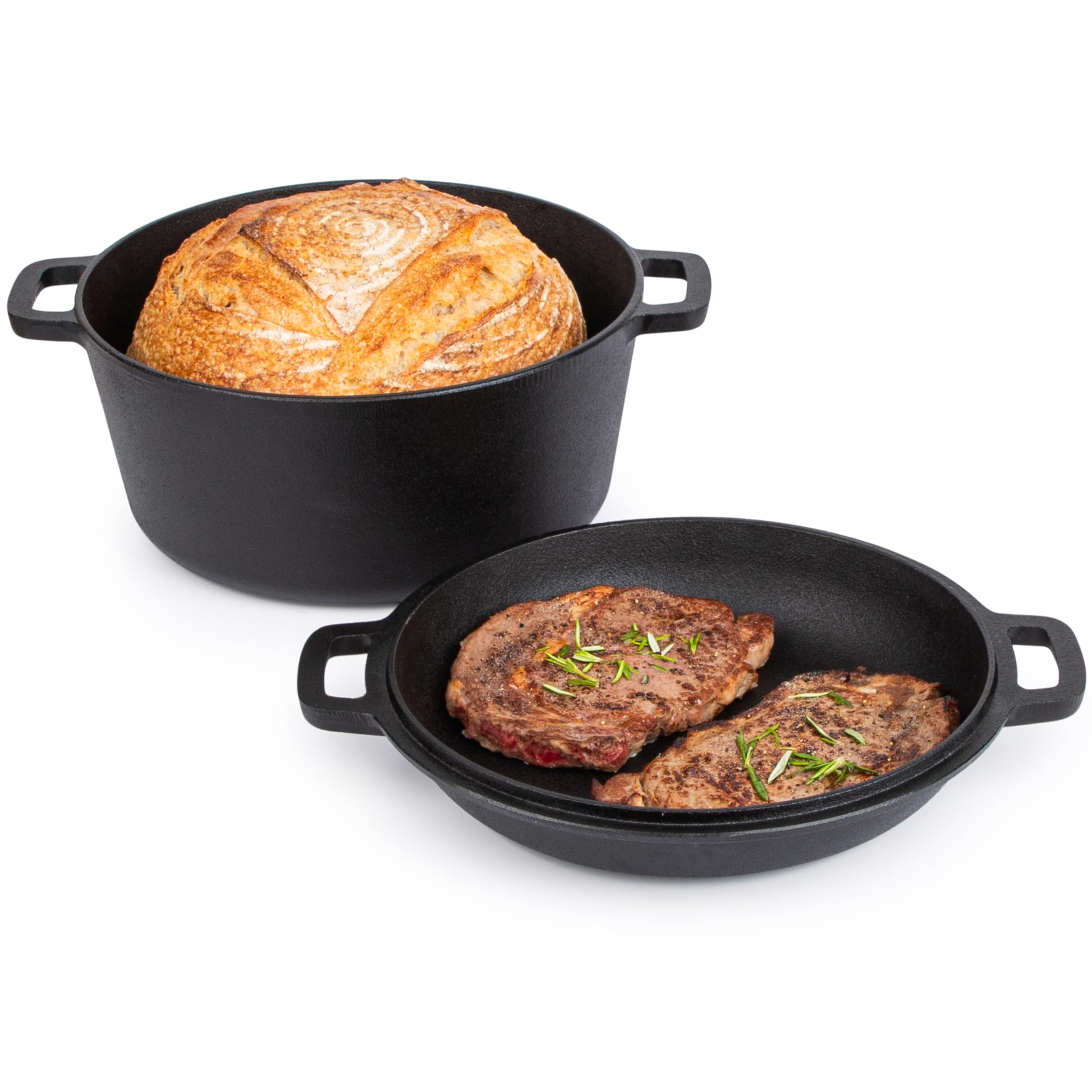 Pre-Seasoned Cast Iron Dutch Oven Casserole Pot - Cast Iron Skillet Lid – 2 in 1 Cooking Cookware Pan Set – Dutch Oven Pot with Lid – Black, 5 Quarts, 26cm – by Nuovva