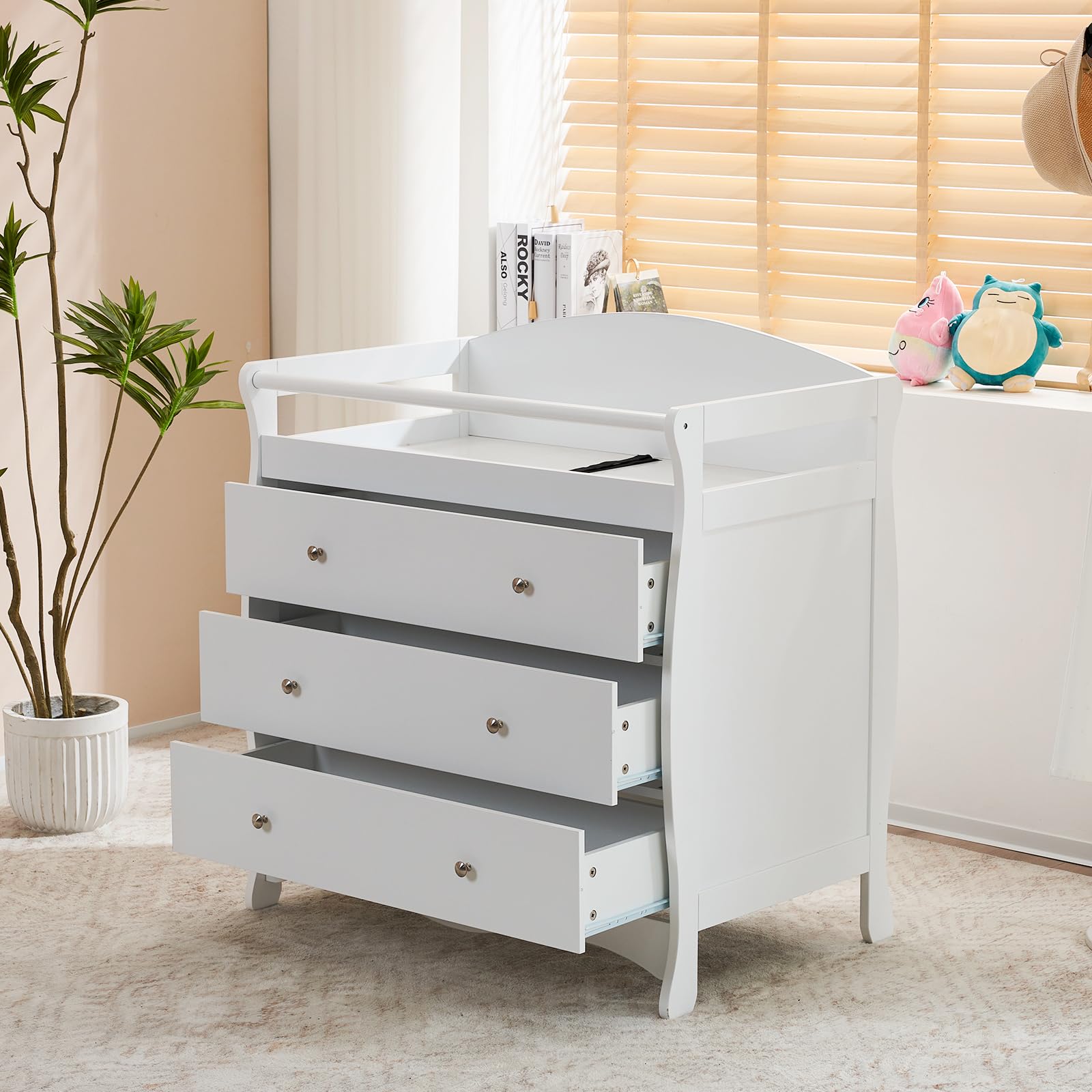 Karl home Changing Table Dresser Baby Diaper Changing Station Infant Nursing Table with 3 Drawers, Safety Rail & Strap for Bedroom, Nursery, Brown